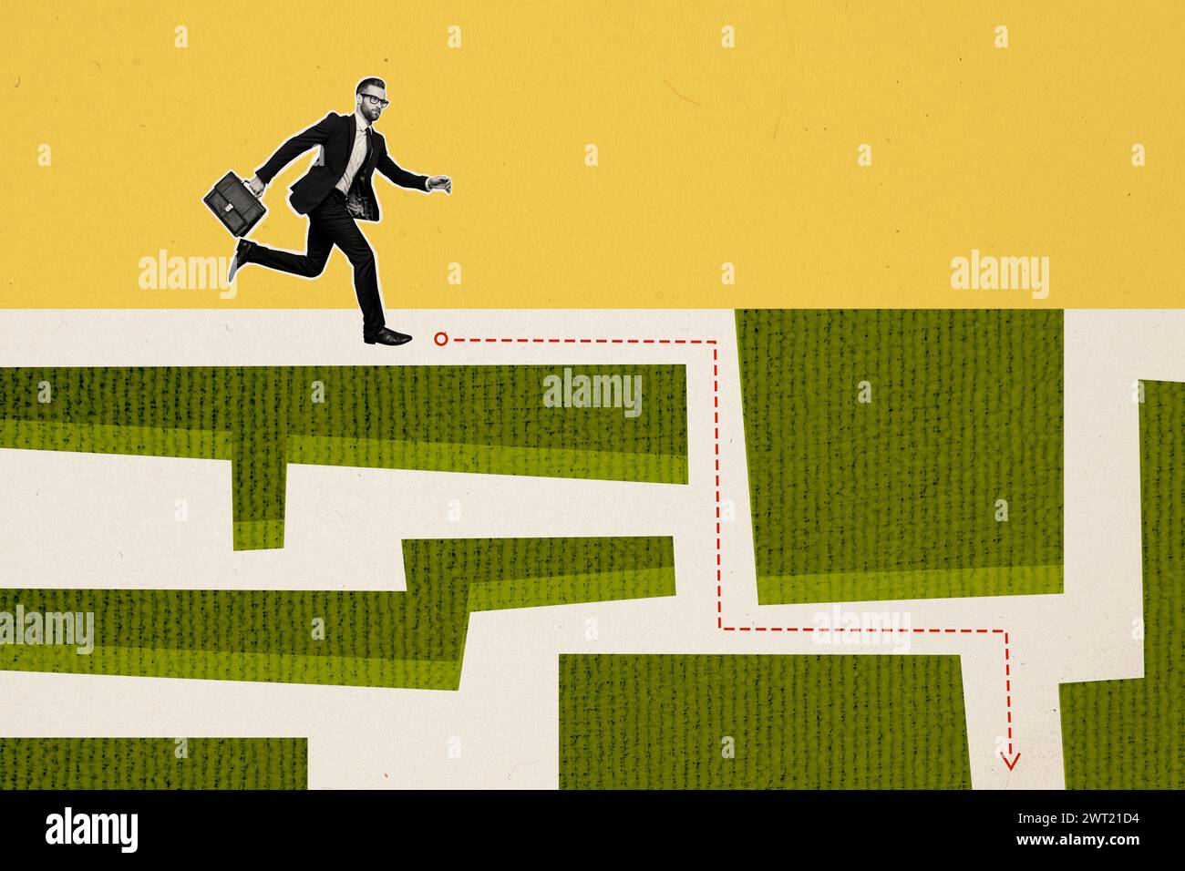 Creative image photo collage running young man entrepreneur find route ...