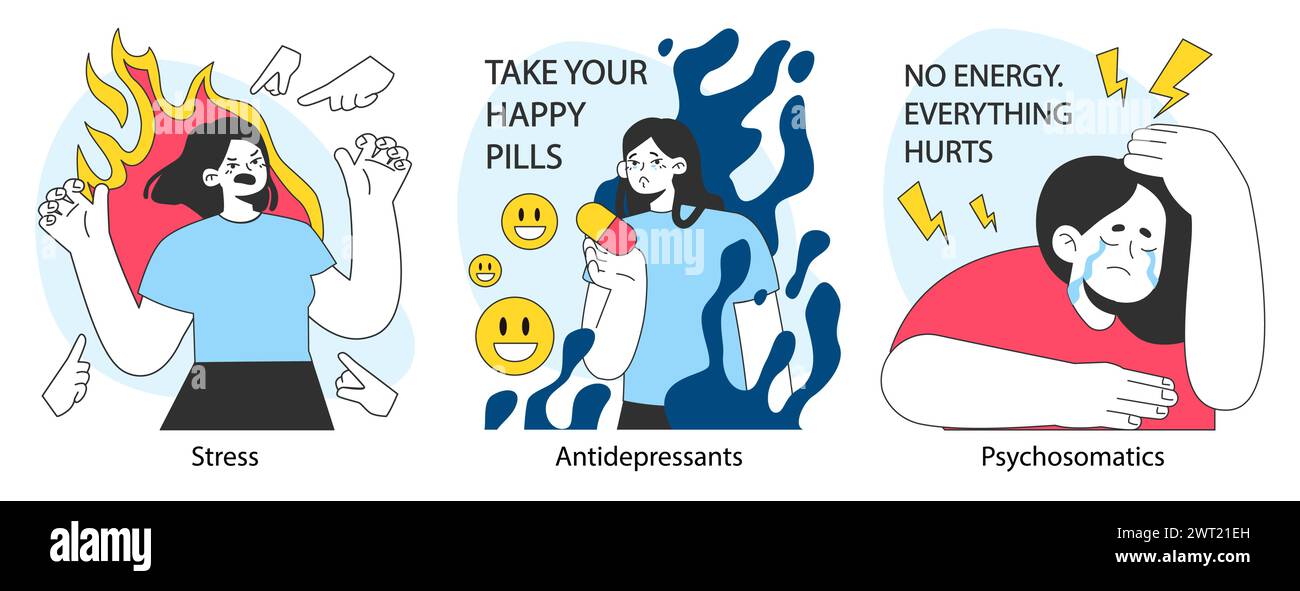 Neurosis set. Chronic stress and anxiety mental disorder. Character ...