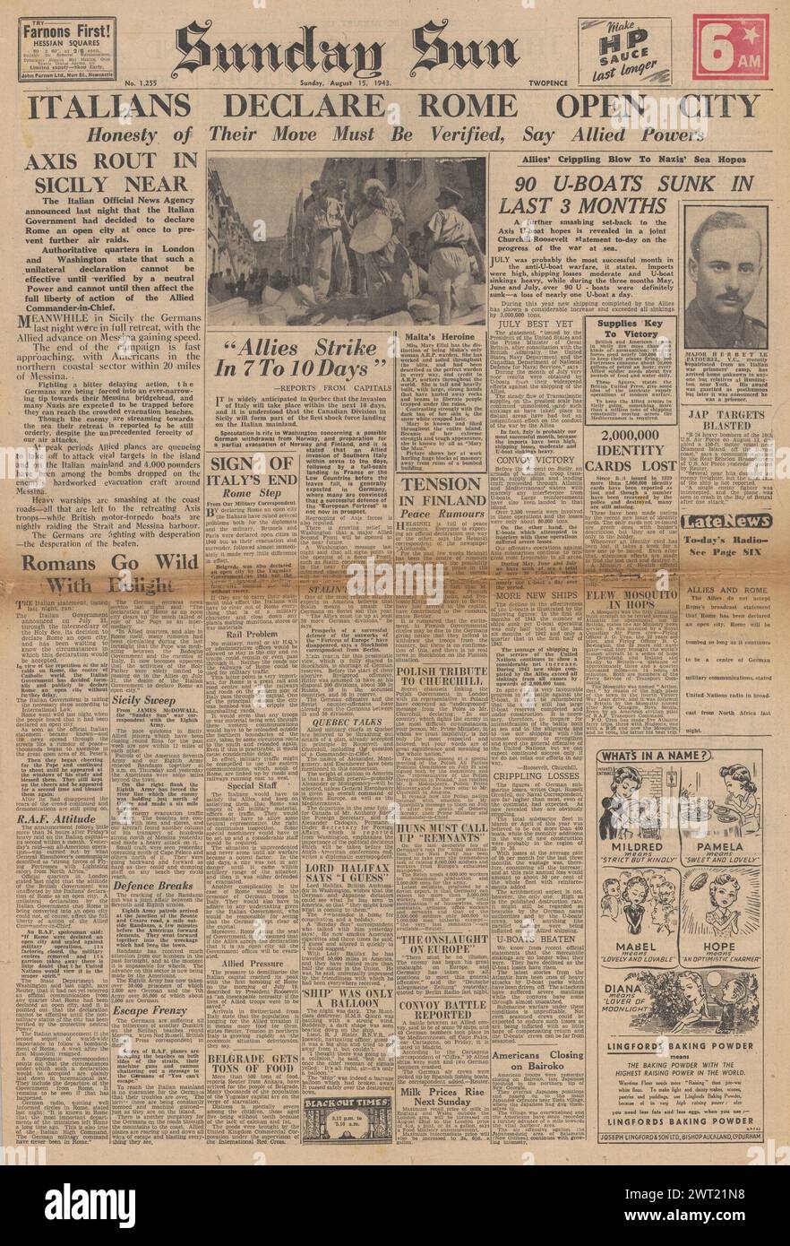 1943 Sunday Sun front page reporting Rome declared an open city, Battle ...