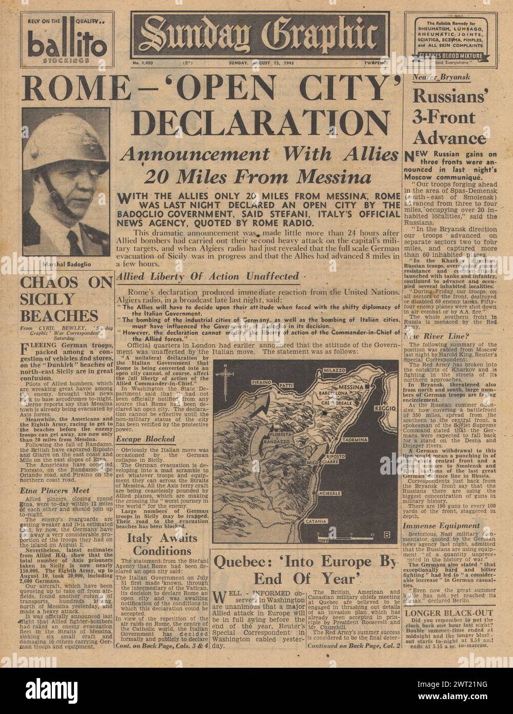 1943 Sunday Graphic front page reporting Rome declared an open city ...