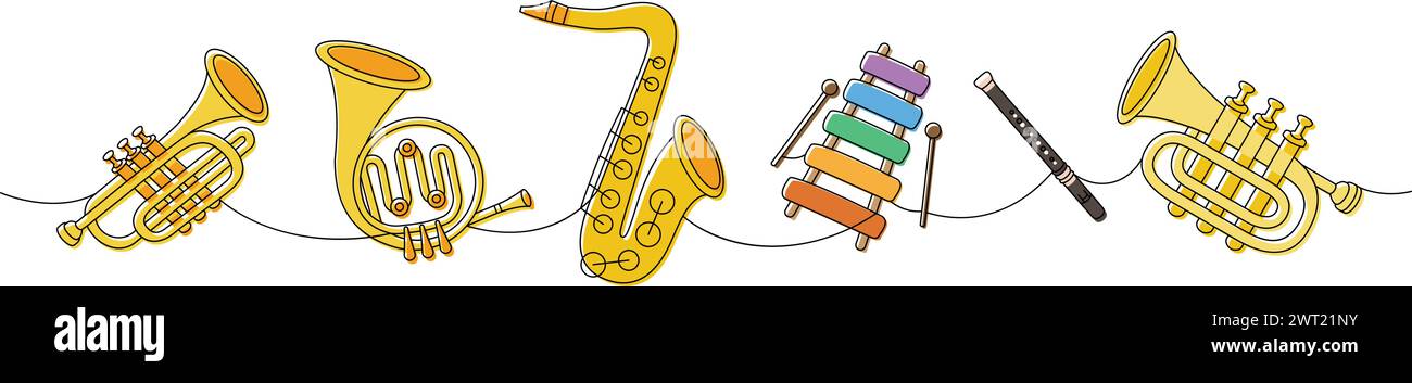 Set of wind musical instruments. Tuba, trumpet, french horn, saxophone ...