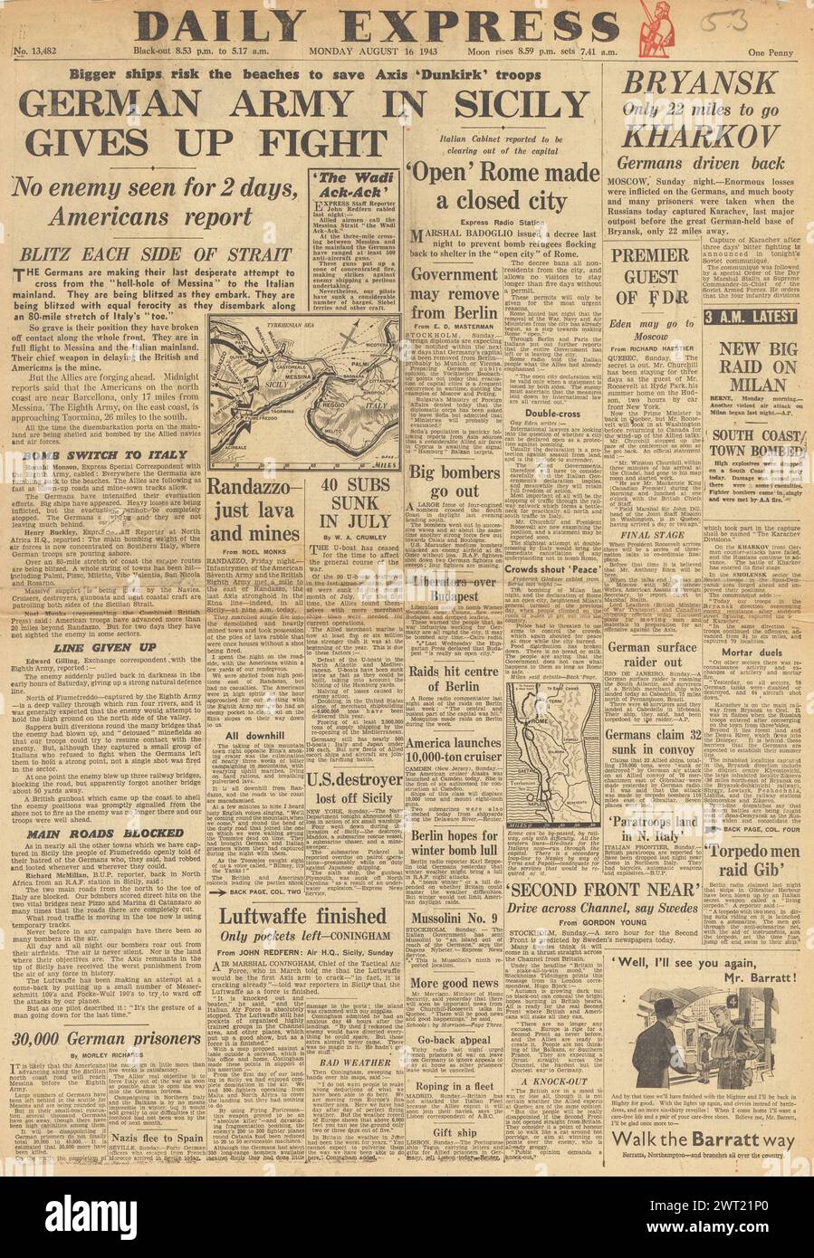 1943 Daily Express front page reporting Battle for Sicily, Red Army ...