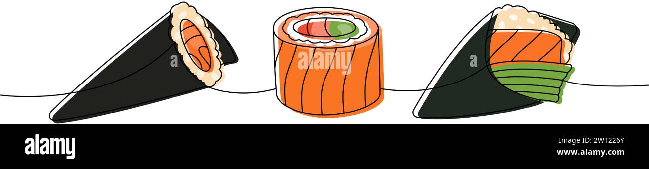 Sushi rolls set. Japanese cuisine, traditional food one line drawing ...