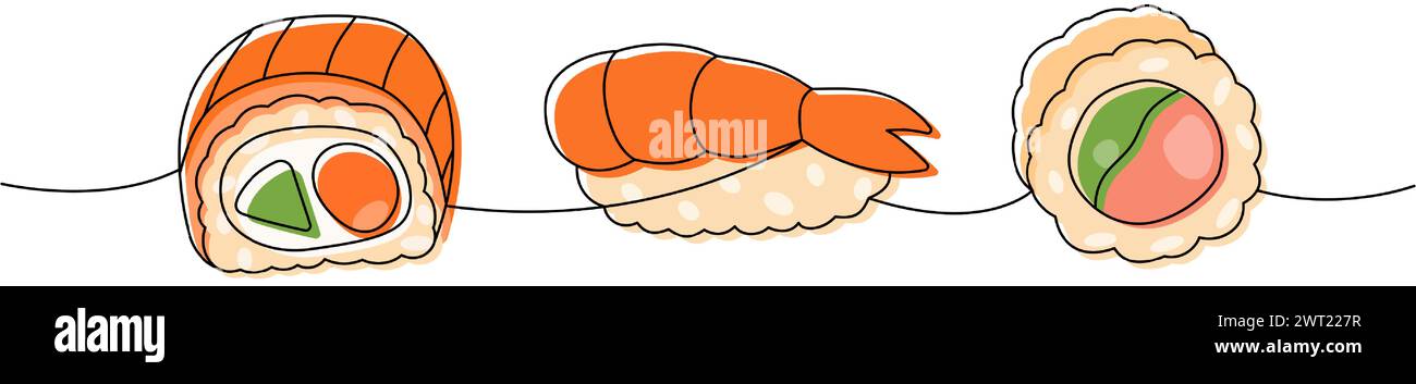 Set of sushi rolls. Japanese cuisine, traditional food one line drawing ...