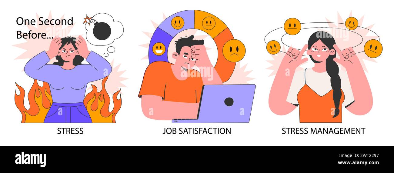 Professional burnout set. Young employee on fire at workplace. Office ...