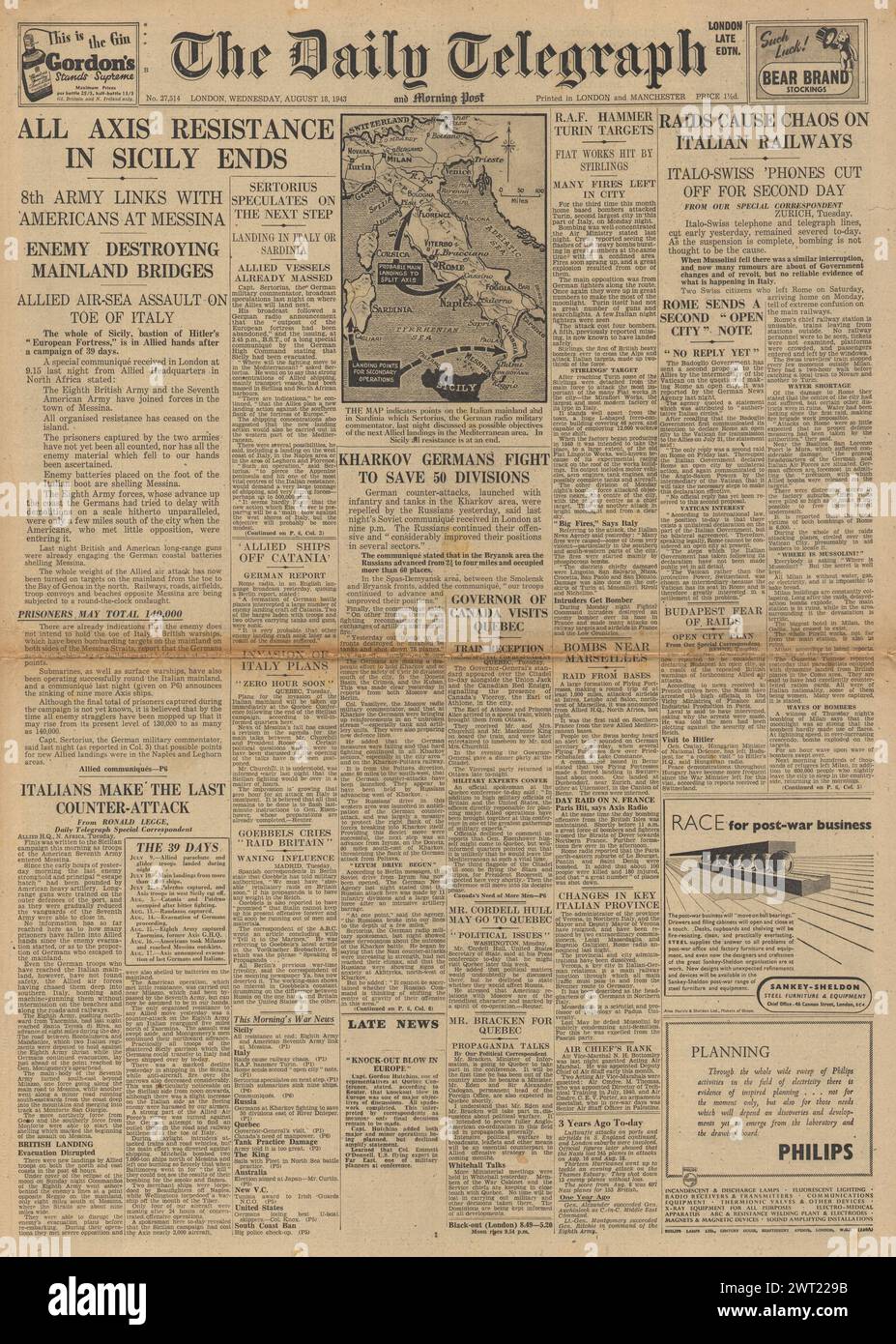 1943 The Daily Telegraph front page reporting Axis resistance in Sicily ...