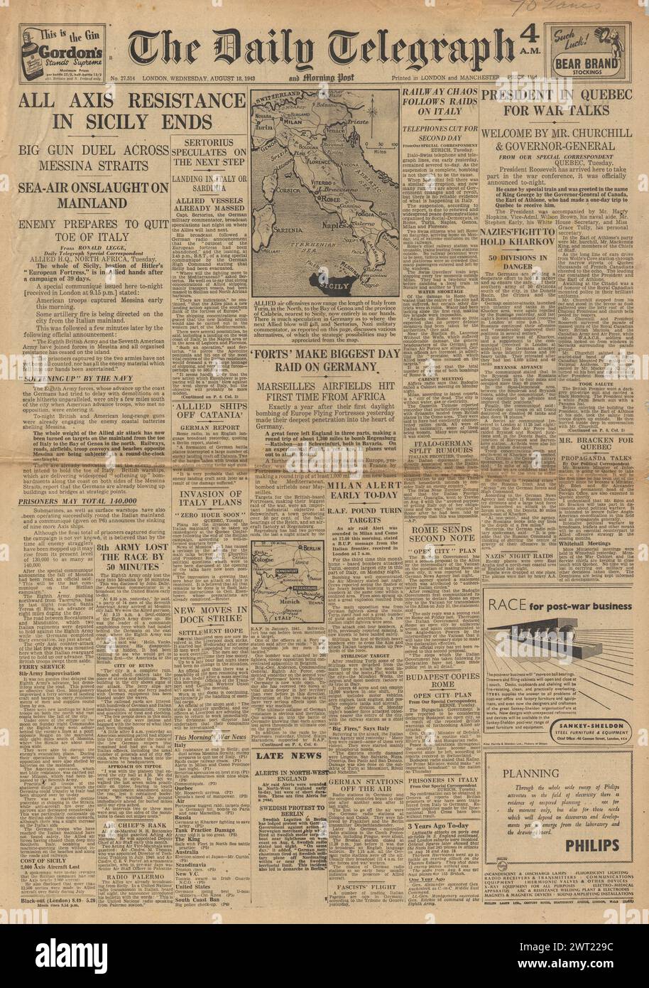 1943 The Daily Telegraph front page reporting Axis resistance in Sicily ...