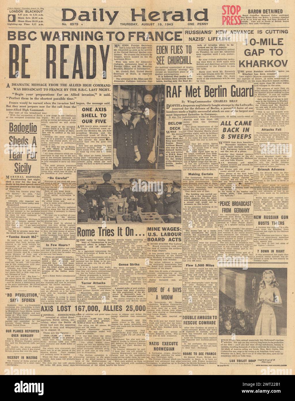 1943 Daily Herald front page reporting BBC warn France Be Ready Stock ...