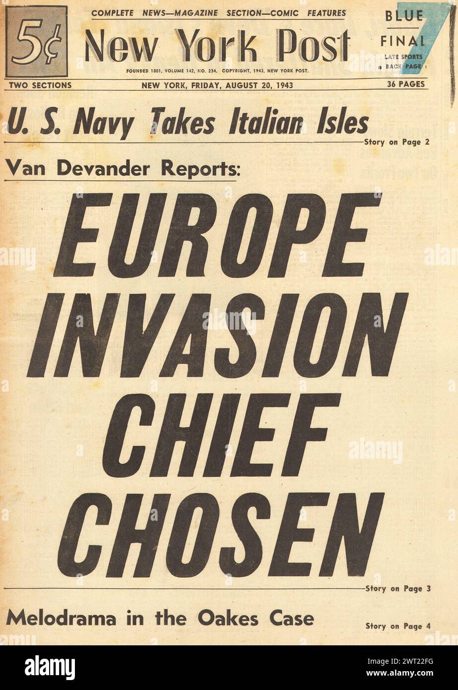 1943 New York Post front page reporting Allied invasion chief chosen at ...