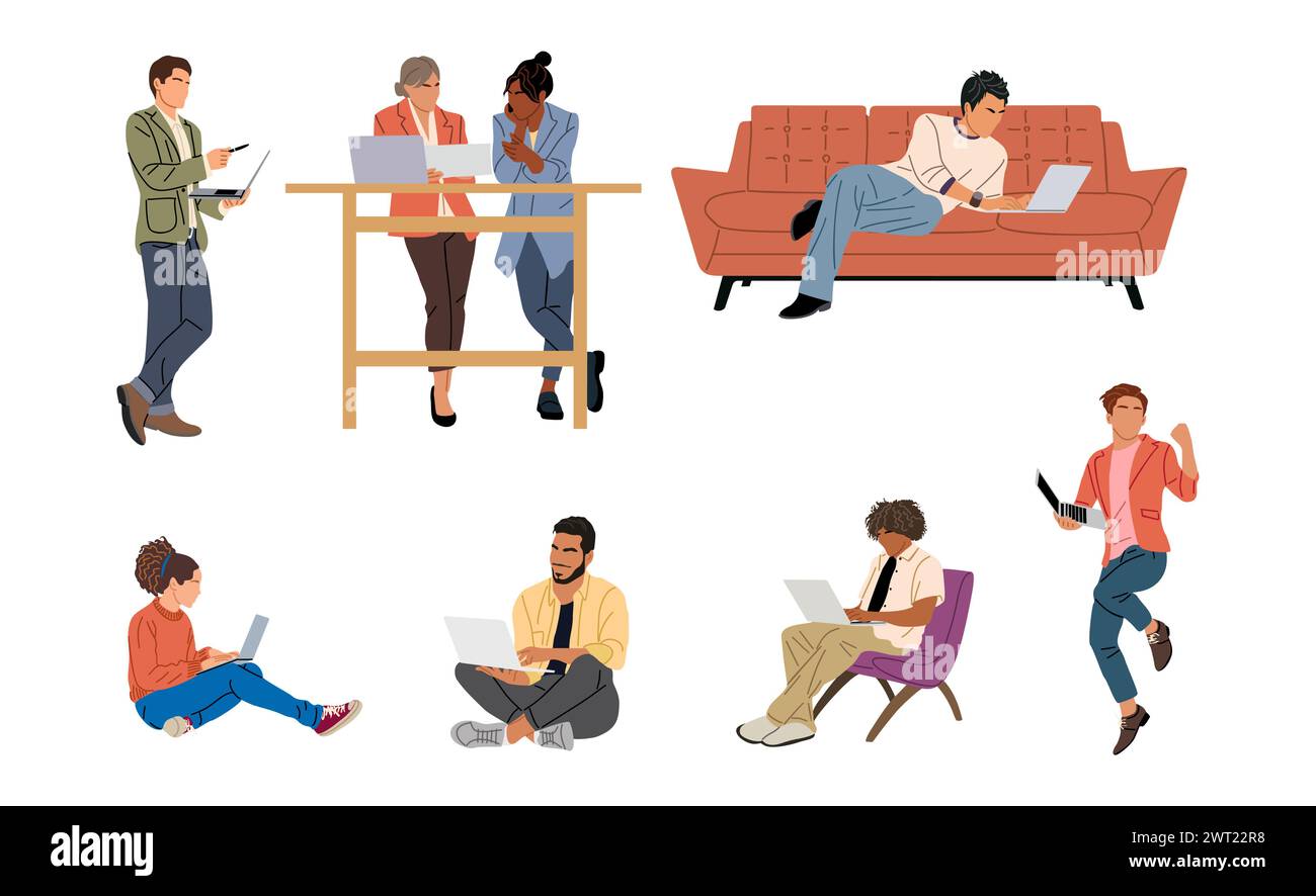 People standing, sitting, working at laptop set Stock Vector Image ...