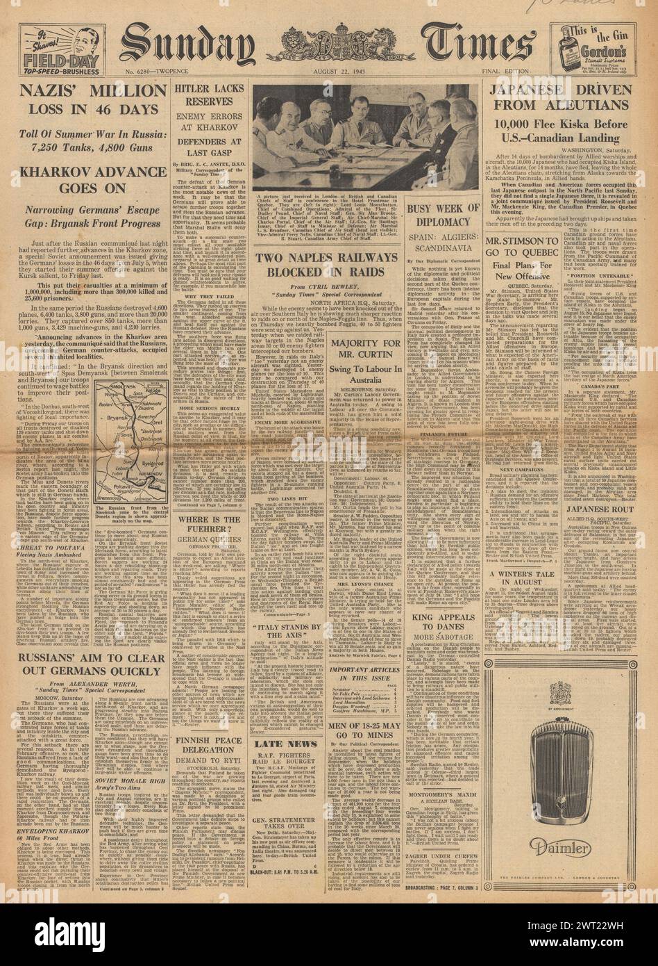 1943 Sunday Times front page reporting Quebec conference, Heavy German ...