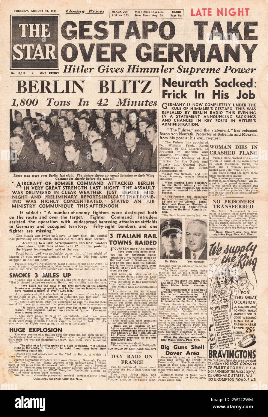 1943 The Star front page reporting Gestapo take over Germany and ...
