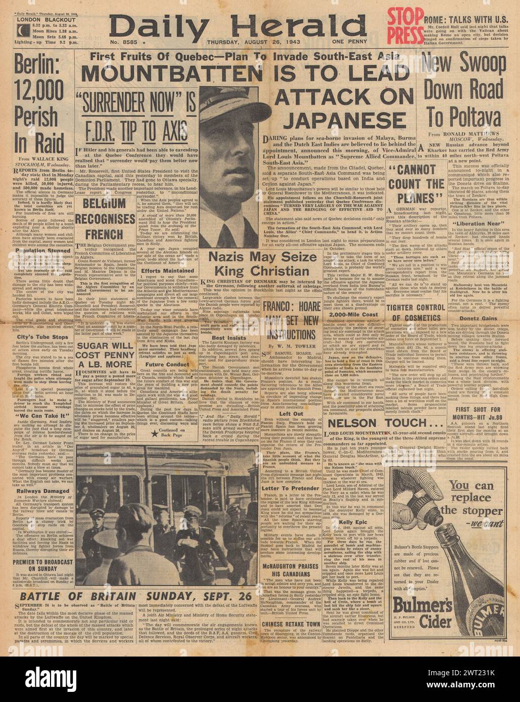 1943 Daily Herald front page reporting RAF bomb Berlin and Mountbatten ...