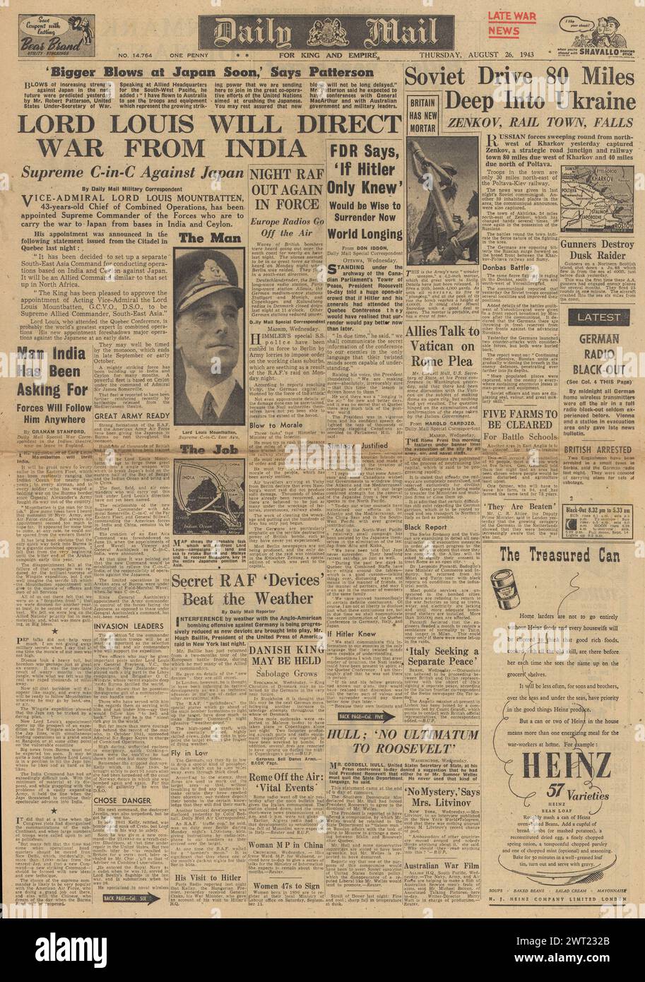 1943 Daily Mail front page reporting RAF bomb Berlin, Mountbatten to ...