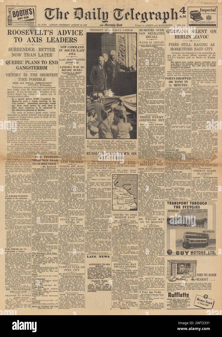 1943 The Daily Telegraph front page reporting RAF bomb Berlin ...