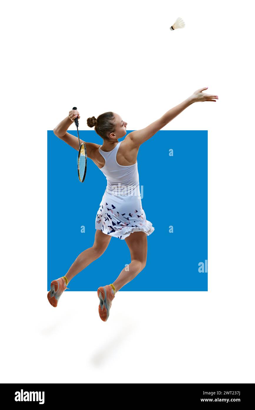 Poster. Motivated athlete in motion, young girl, badminton player ...