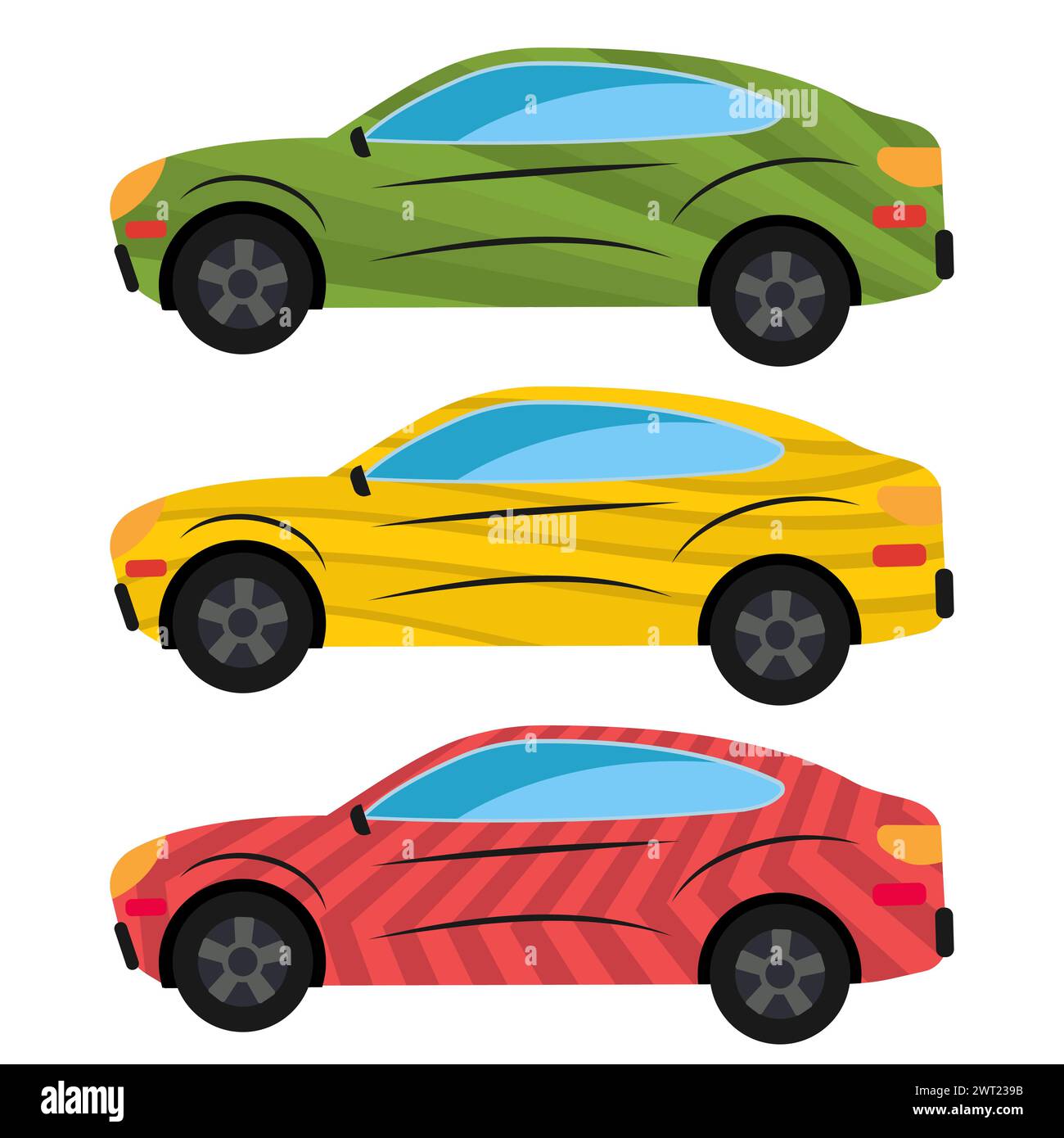 A set of three cars painted in different colors. Vector illustration ...