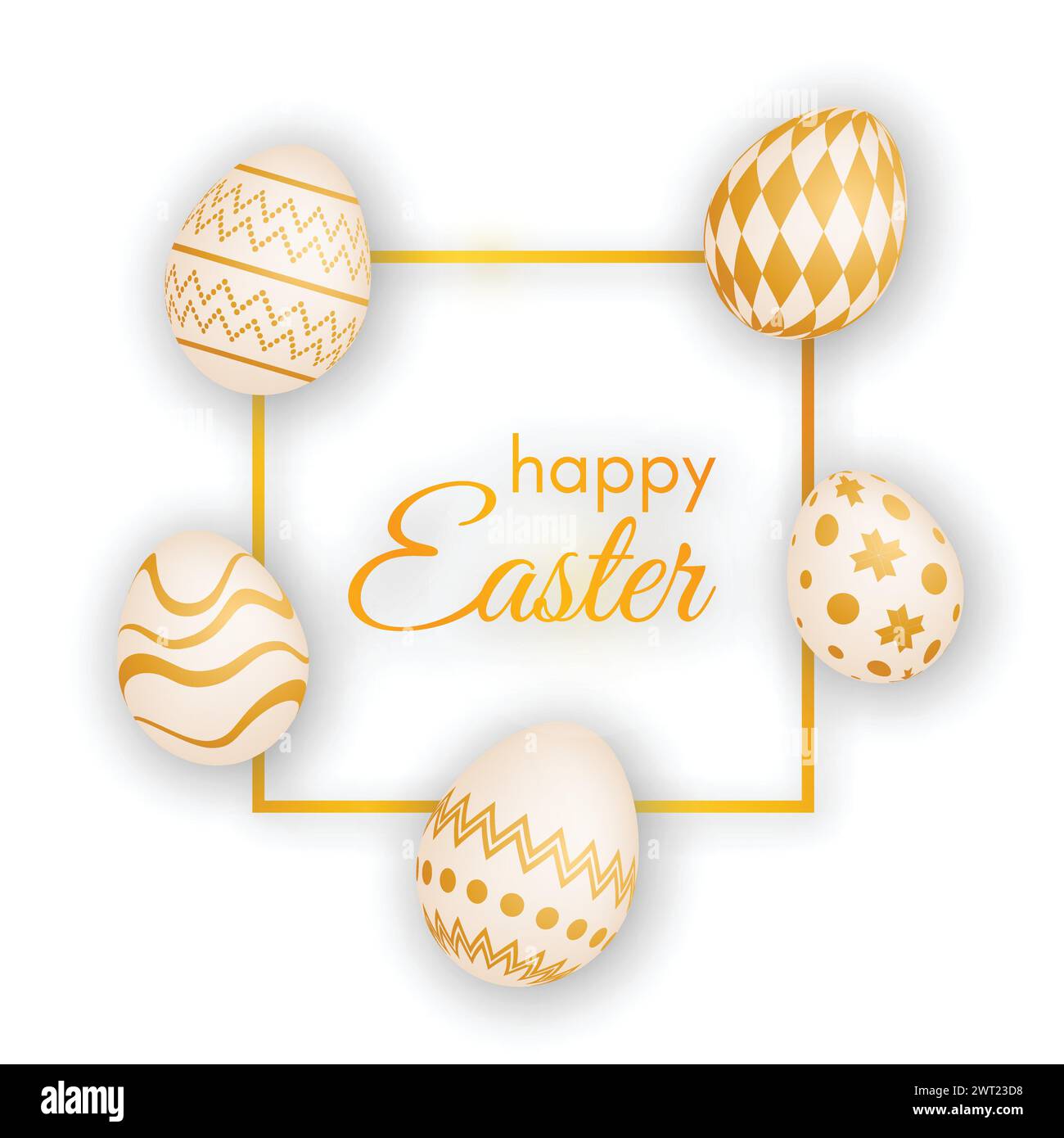 Gold Easter eggs around gold frame and inscription Happy Easter. Holiday background template ...