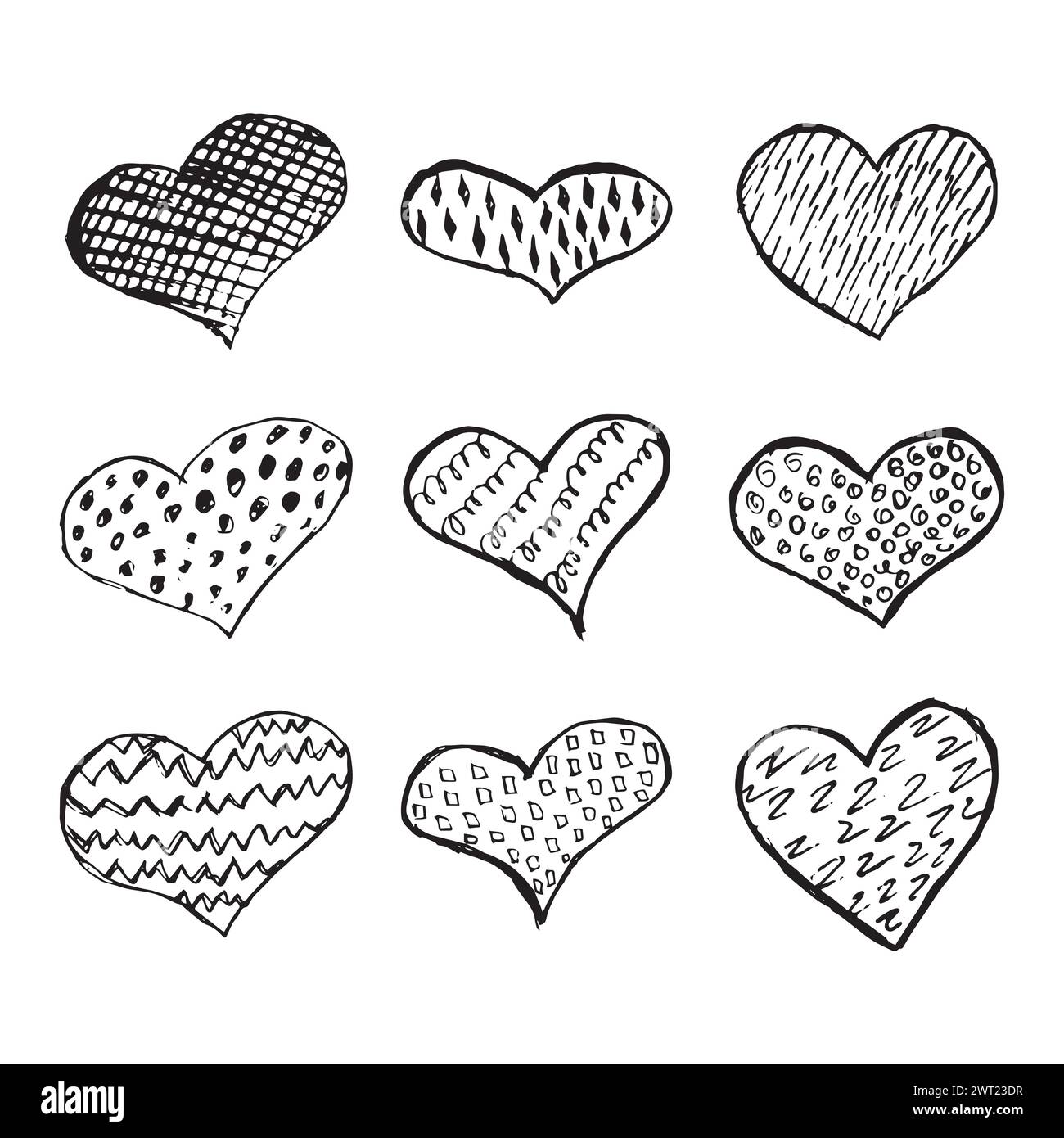 Set of nine Sketch Scribble Hearts. Hand drawn Pencil Scribble Hearts ...