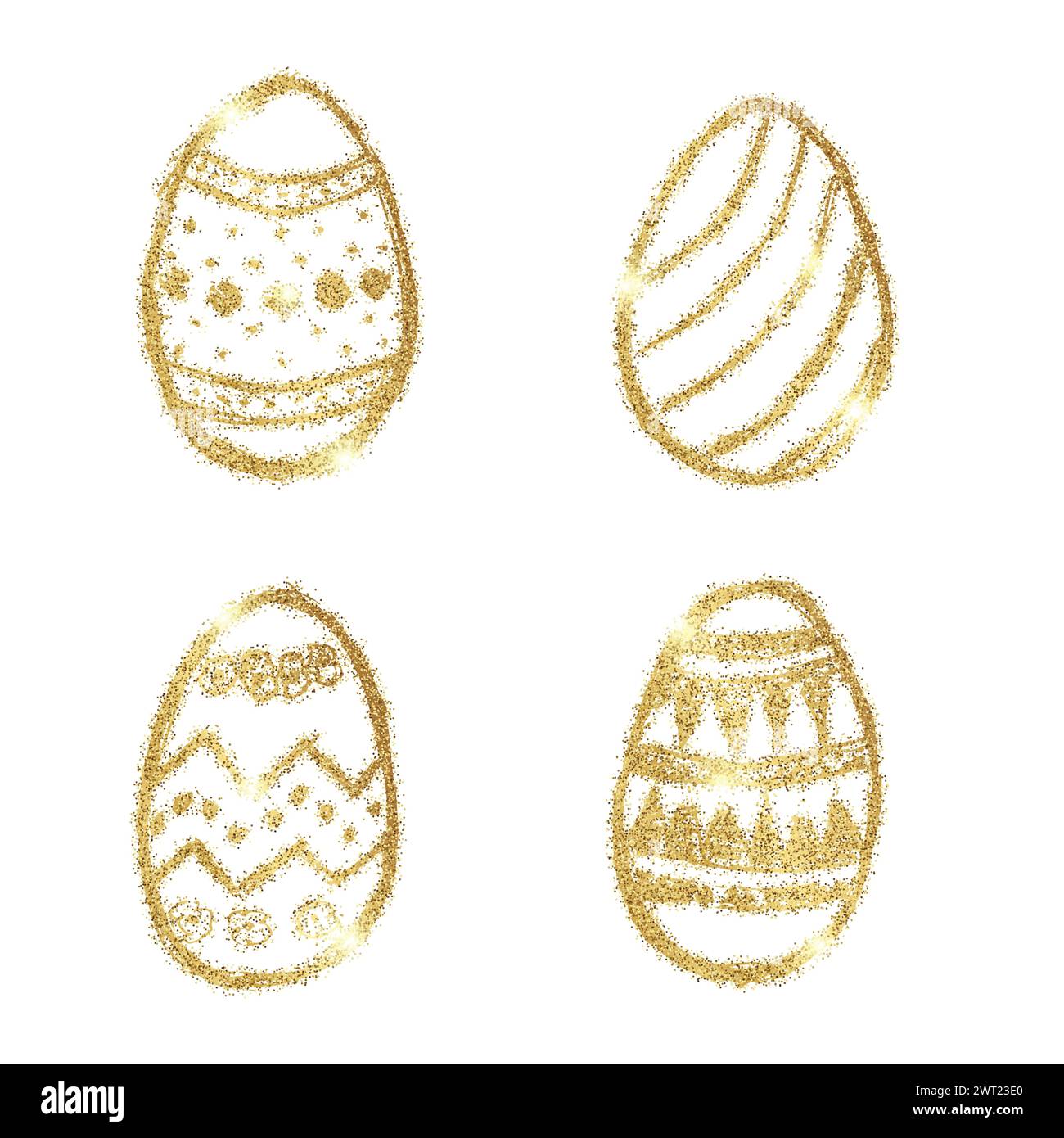 Set of Four Hand Drawn Easter Eggs with Gold Glitter Effect on a white ...