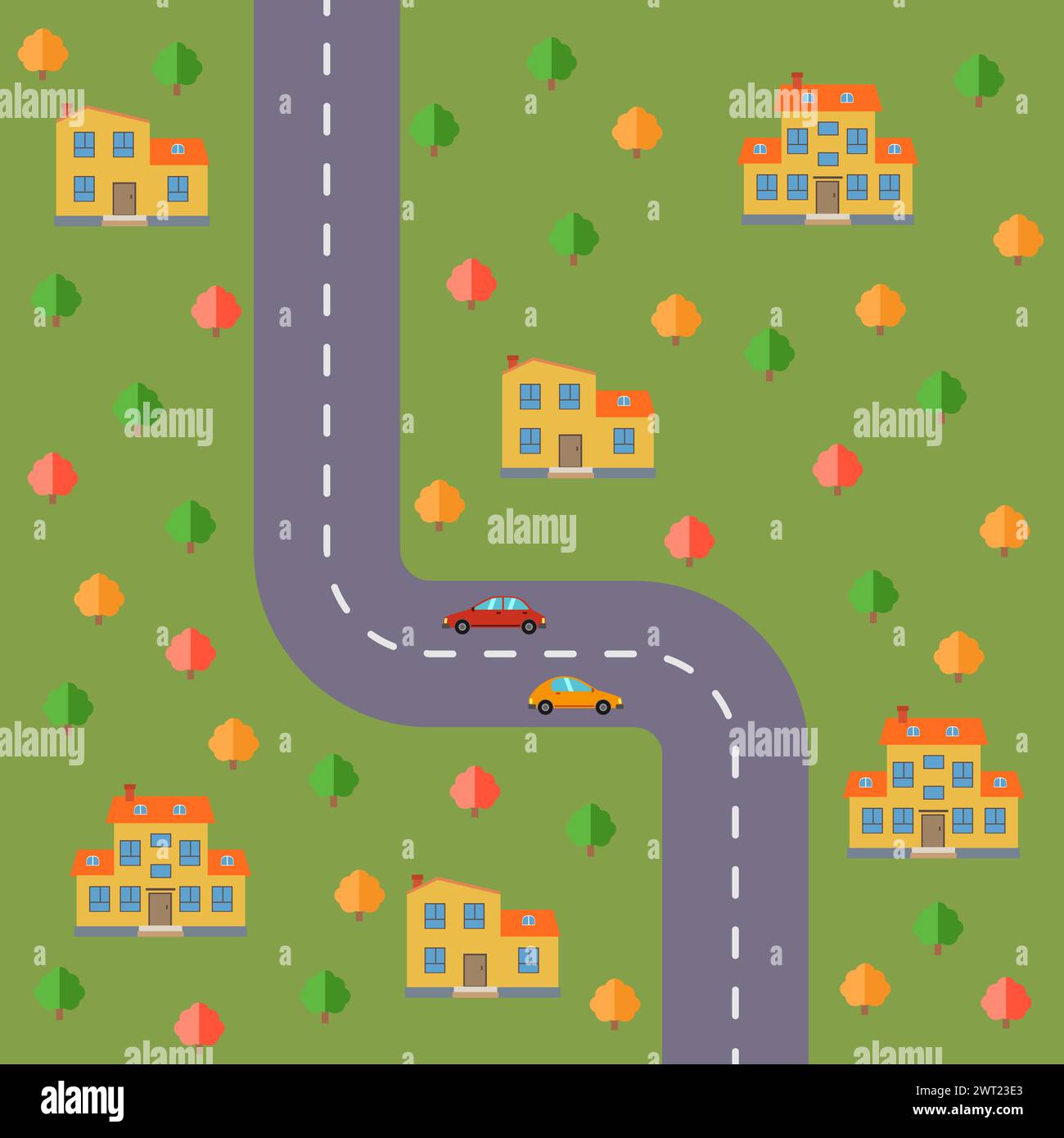 Plan of village. Landscape with the road, forest, cars and houses ...