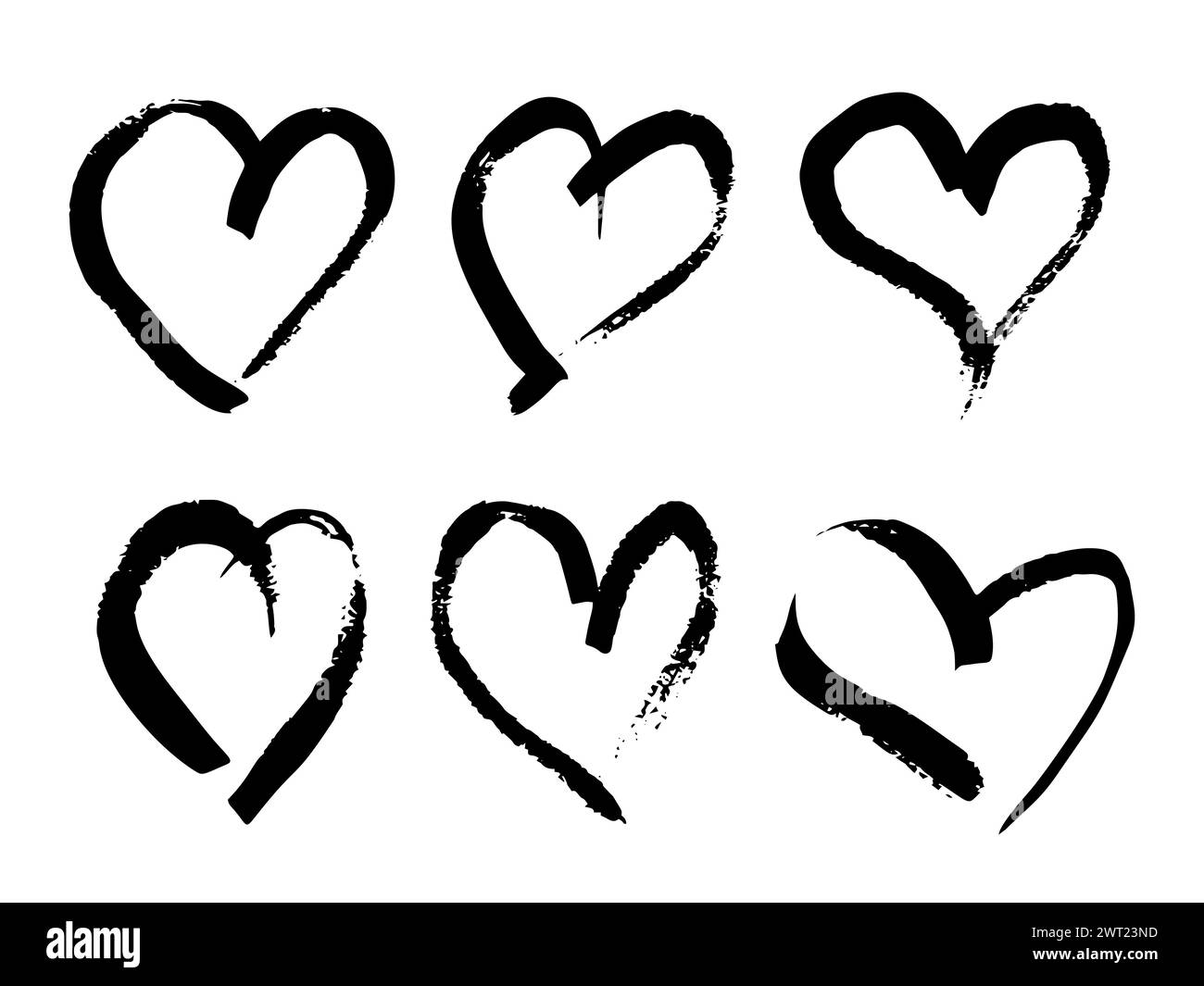 Hand drawn brush hearts. Set of six grunge black doodle hearts on white ...