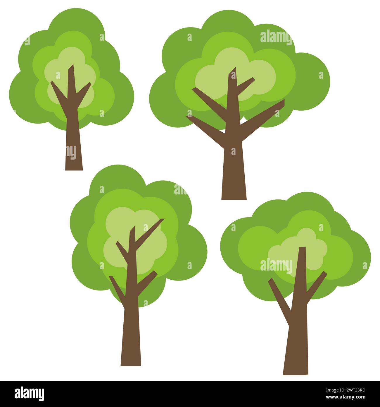 Set of four different cartoon green trees isolated on white background ...