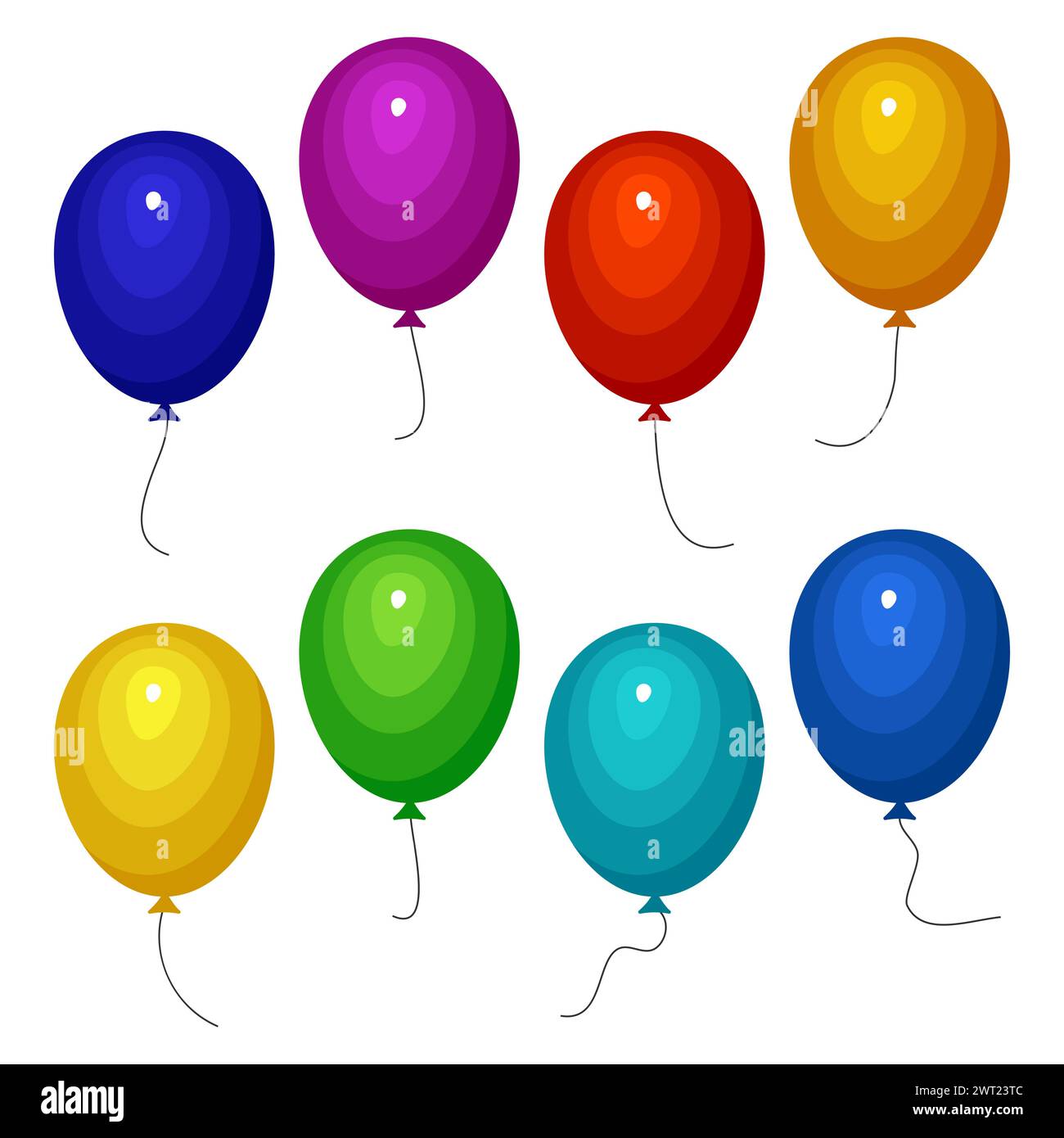 Set of eight colorful balloons with a string isolated on white ...