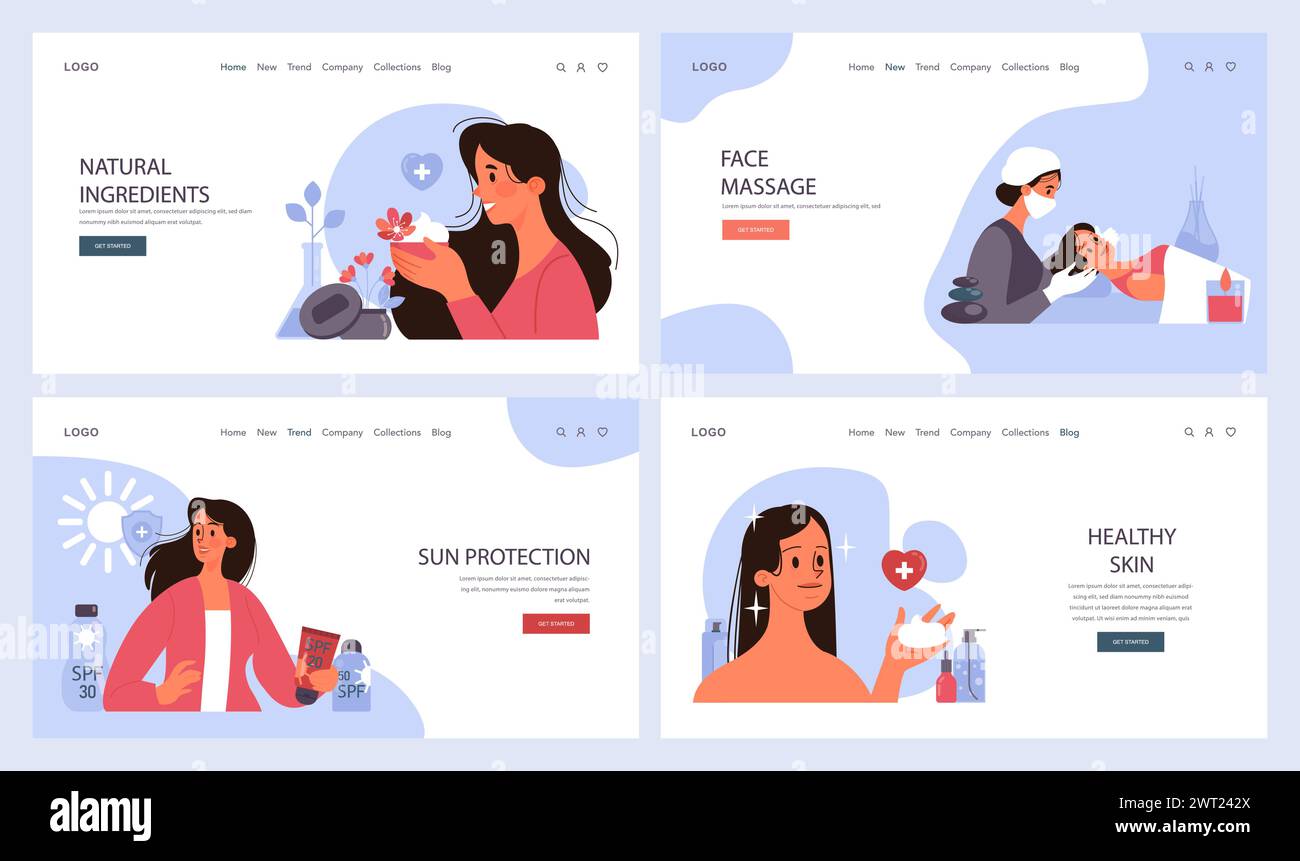 Skincare routine web banner or landing page set. Facial skin cosmetic ...