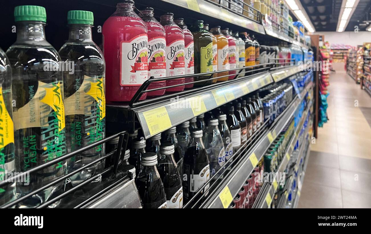 Various types of Soda pop drinks in the foodhall Market. Bekasi ...