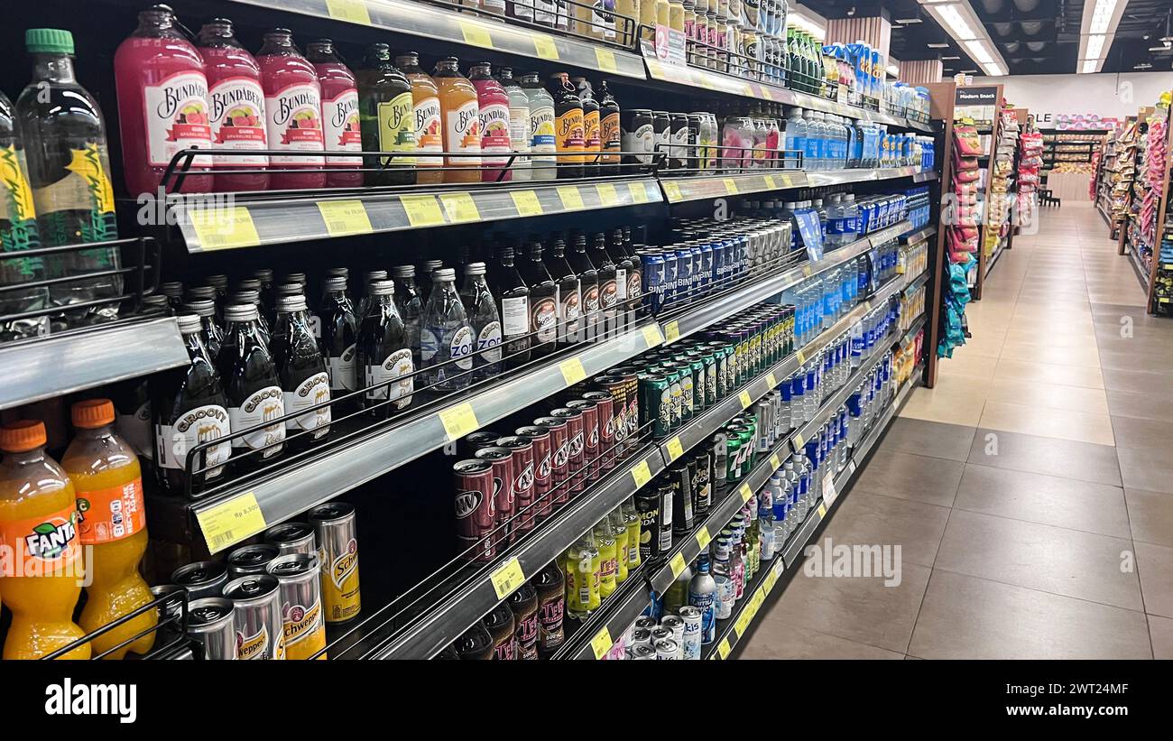 Various types of Soda pop drinks in the foodhall Market. Bekasi ...