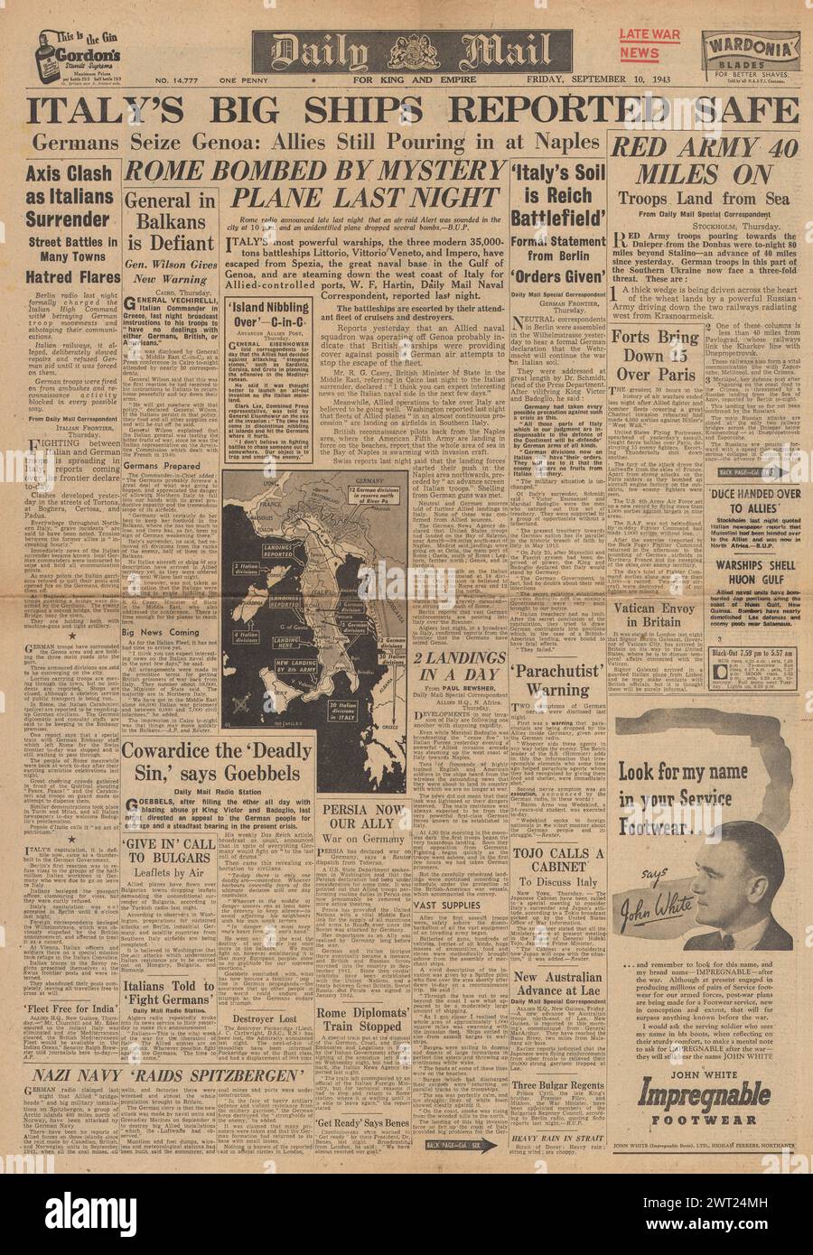 1943 Daily Mail front page reporting Red Army advance, Italian Navy ...