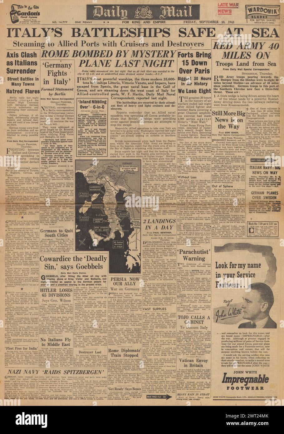 1943 Daily Mail front page reporting Red Army advance, Italian Navy ...