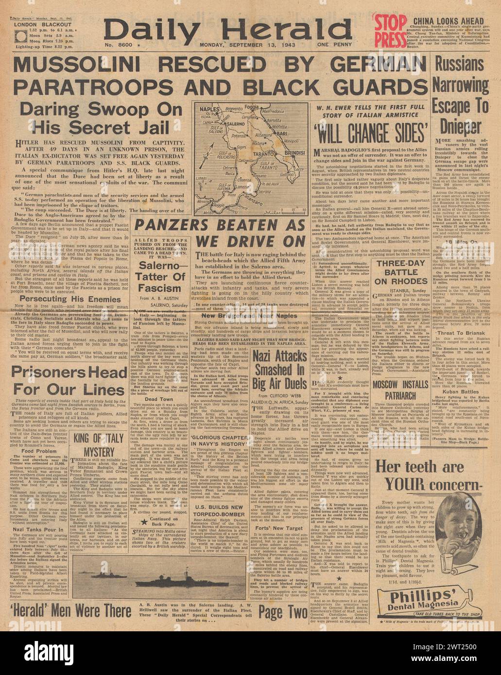 1943 Daily Herald front page reporting German forces rescue Mussolini ...
