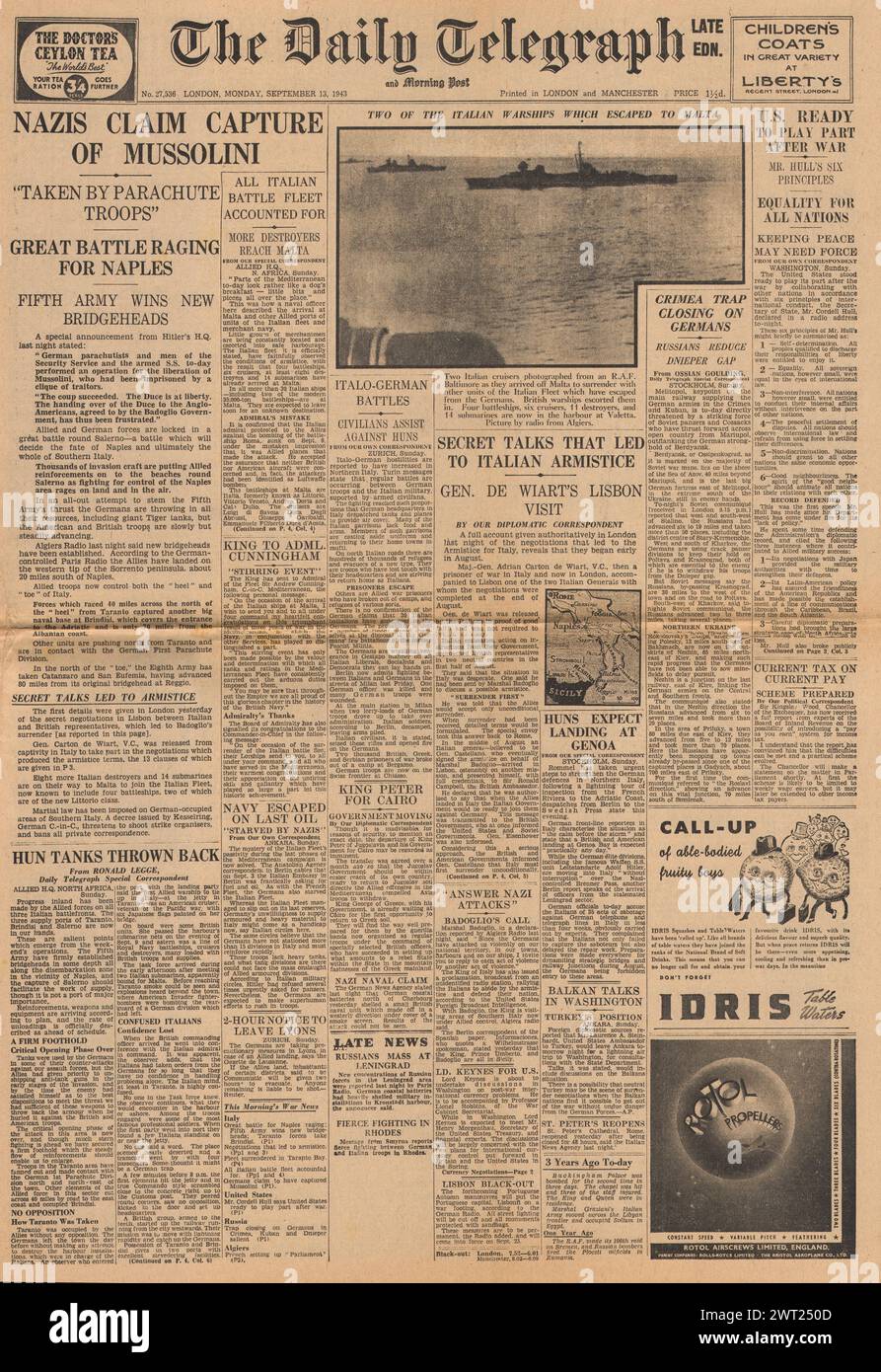 1943 The Daily Telegraph front page reporting German forces rescue ...