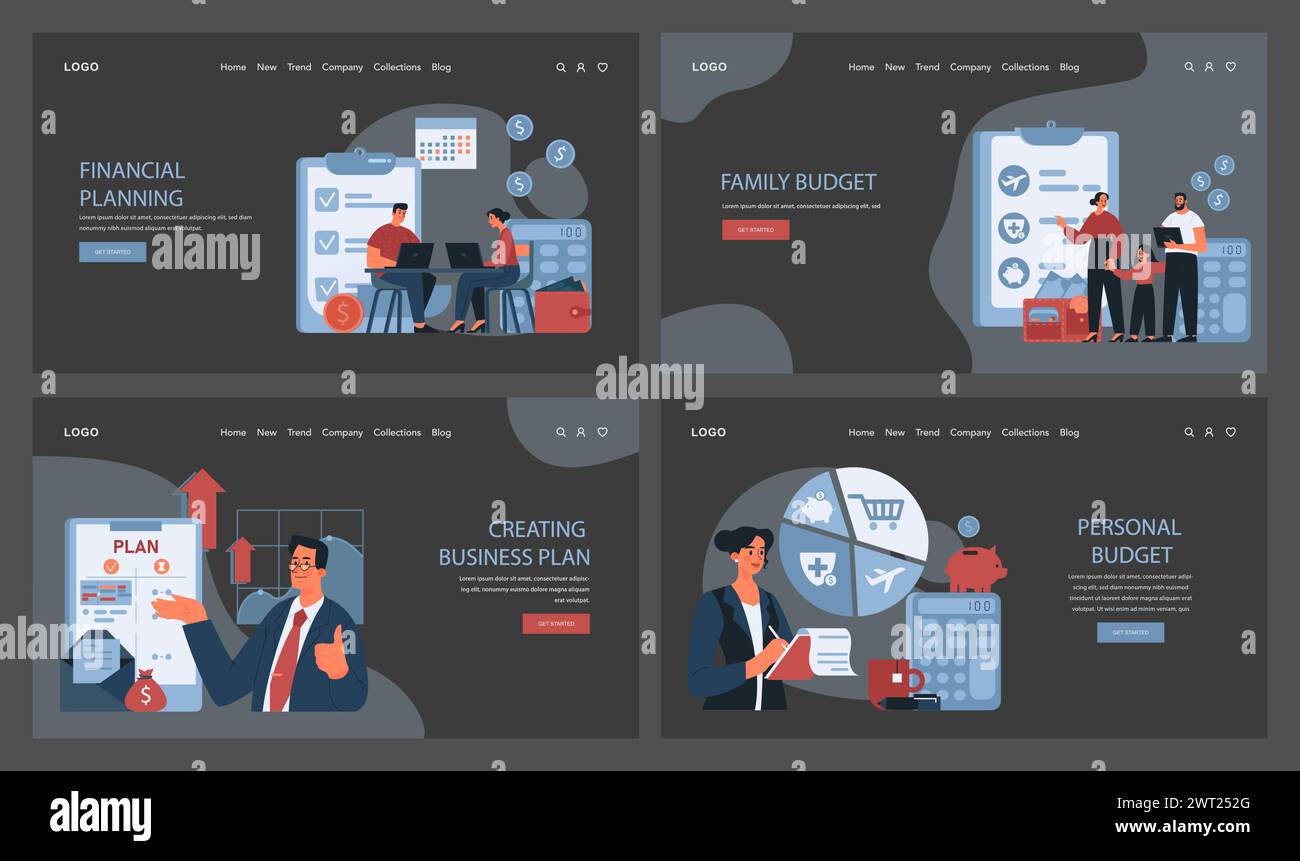 Financial planning web banner or landing page dark or night mode set ...