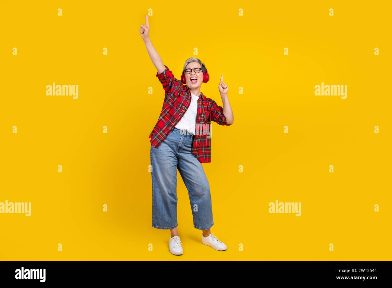 Full length portrait of overjoyed crazy person listen music headphones ...
