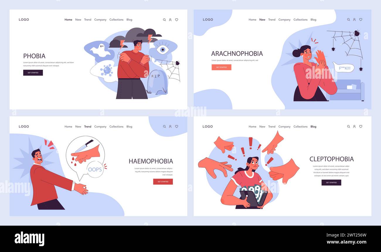 Phobia web banner or landing page set. Human's irrational inner fears ...