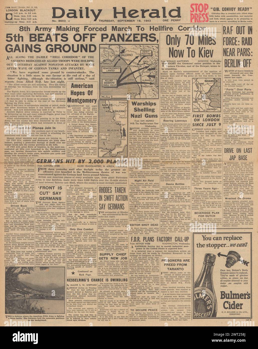 1943 Daily Herald front page reporting Battle for Salerno and Red Army ...