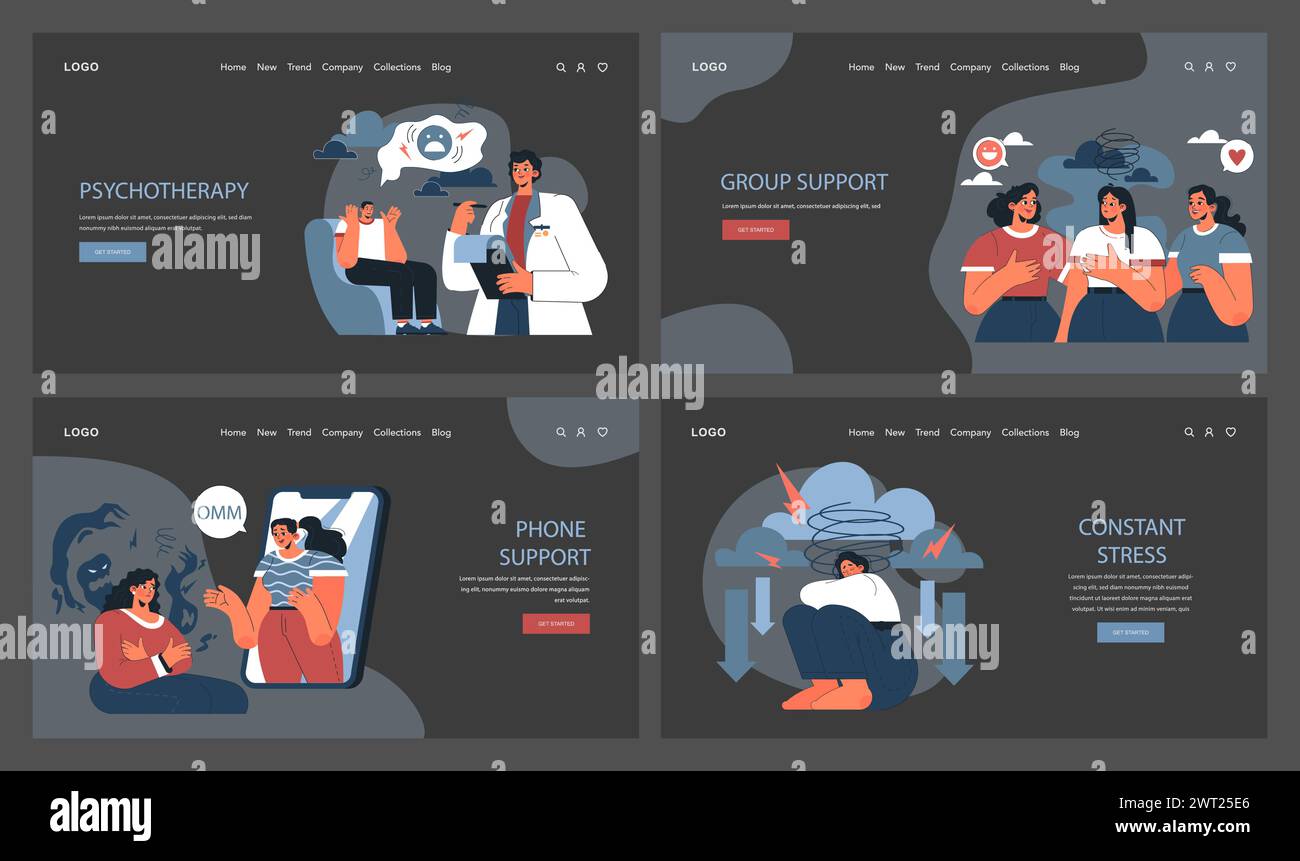 Panic attack web banner or landing page dark or night mode set. Mental ...