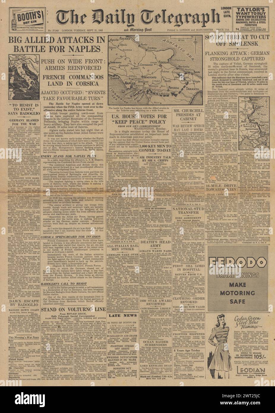 1943 The Daily Telegraph front page reporting Battle for Naples and Red ...