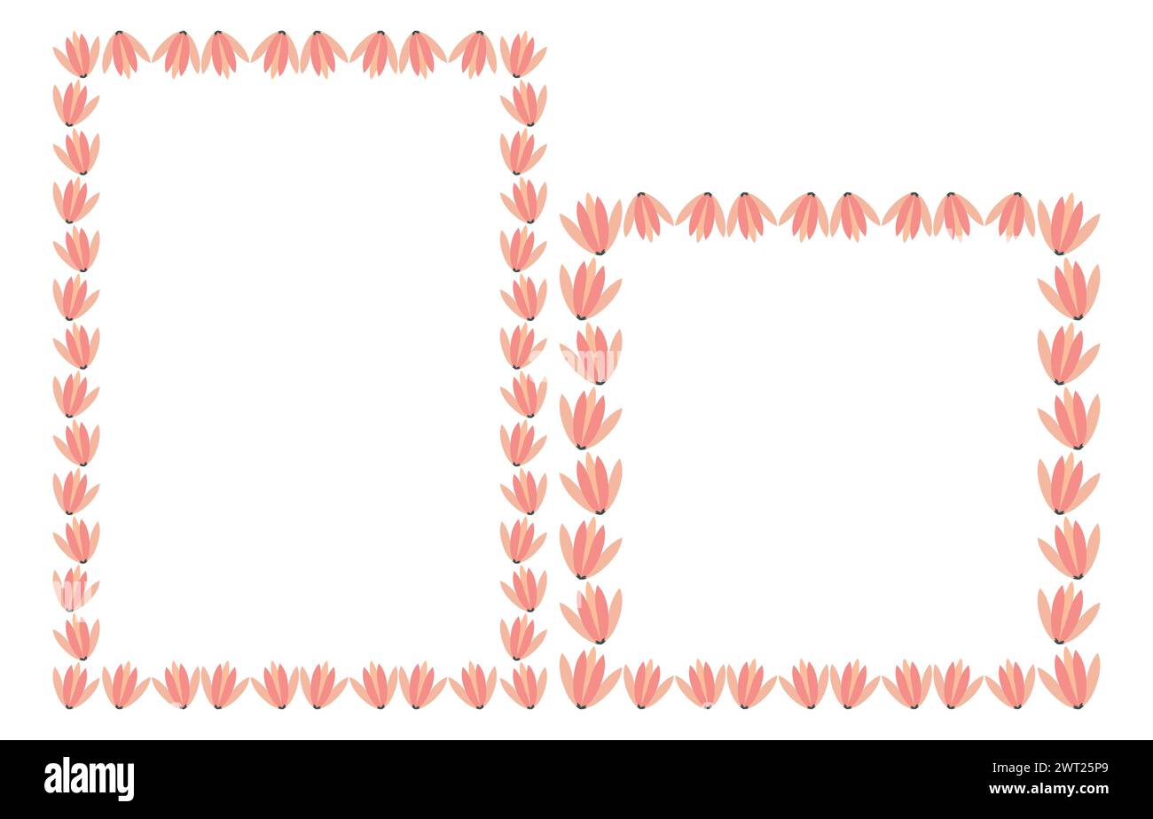 Border frame template with flourish decoration. Tulips pink purple ...