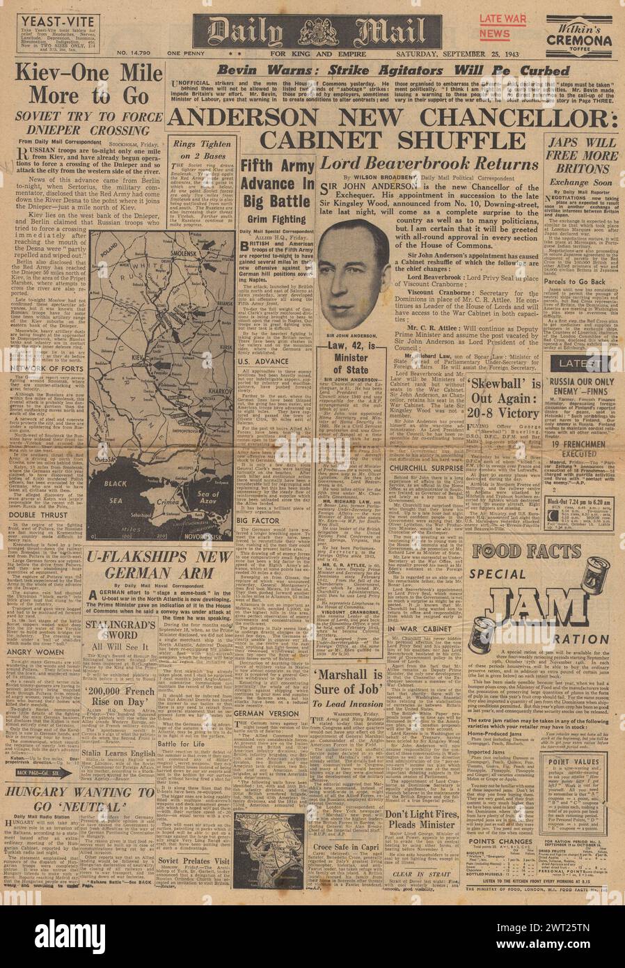 1943 Daily Mail front page reporting Battle for Naples, Red Army reach ...