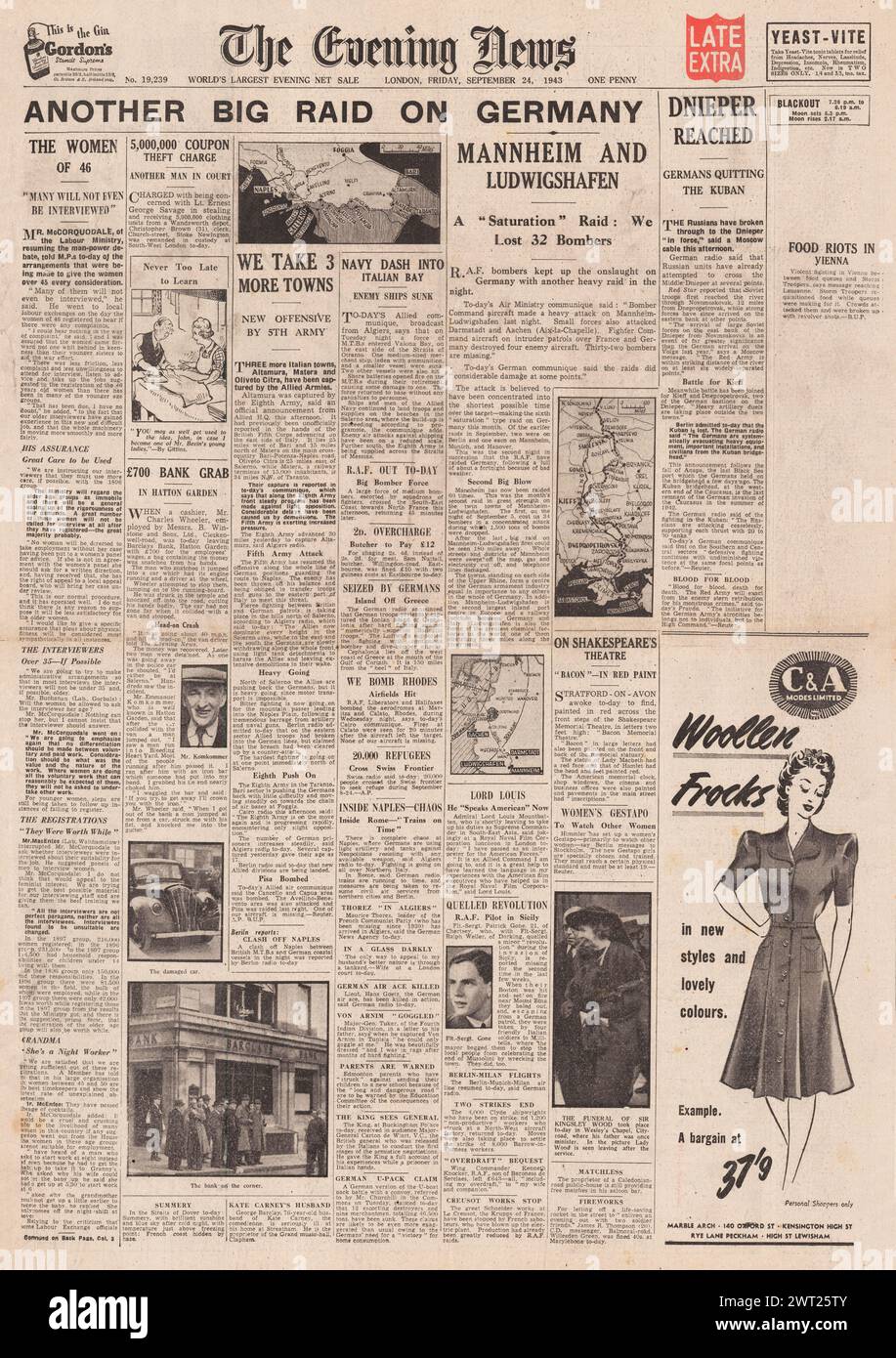 1943 The Evening News front page reporting RAF bomb Mannheim, Battle ...