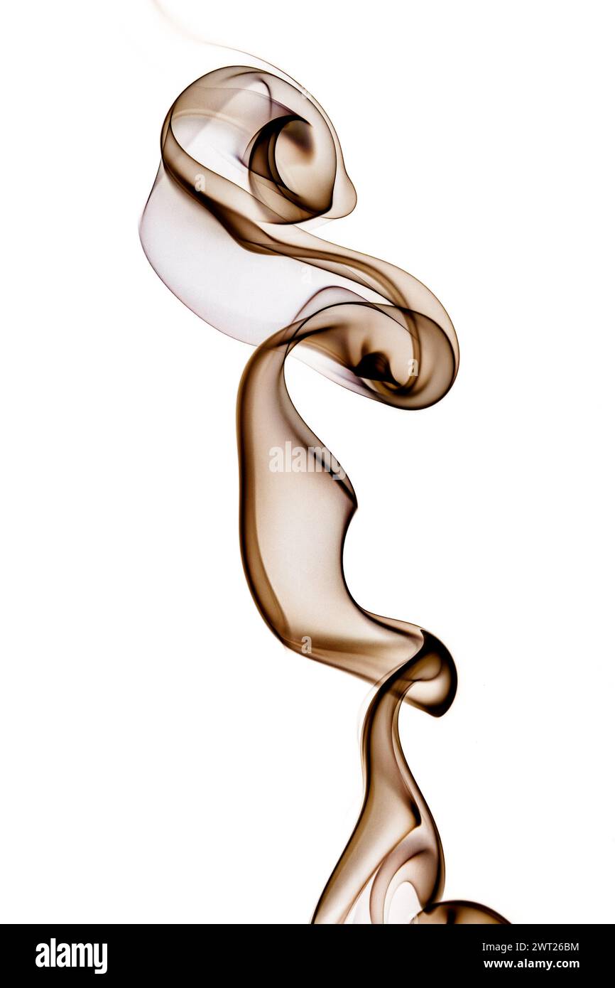 A coil of brown smoke against a plain white background (studio shot ...