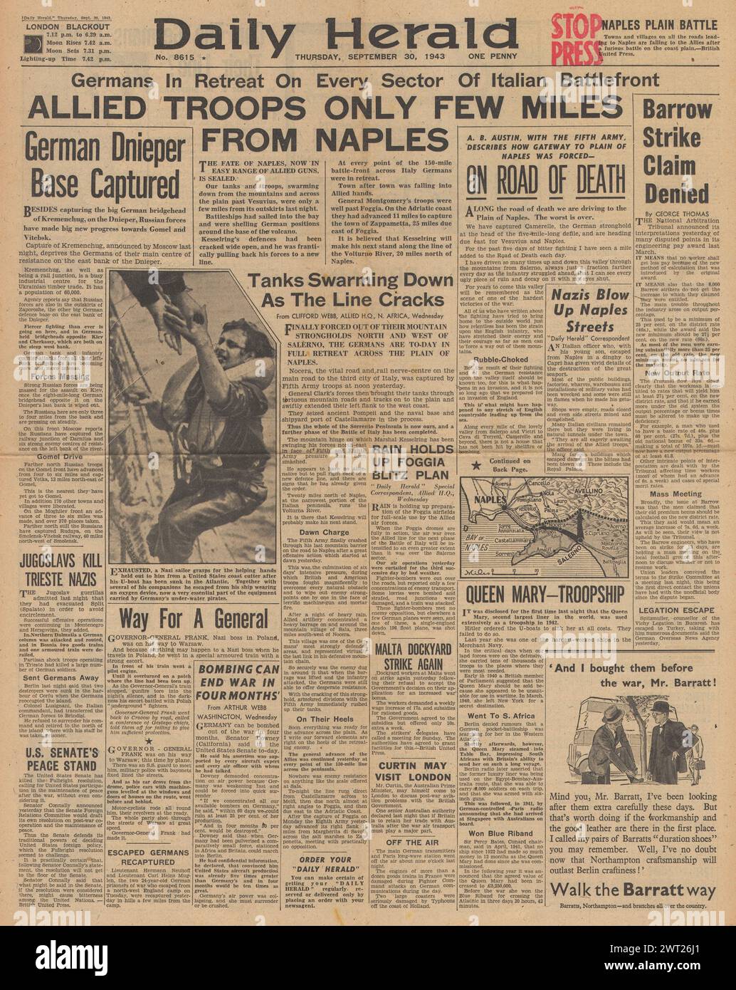 1943 Daily Herald front page reporting Allies advance on Naples and Red ...