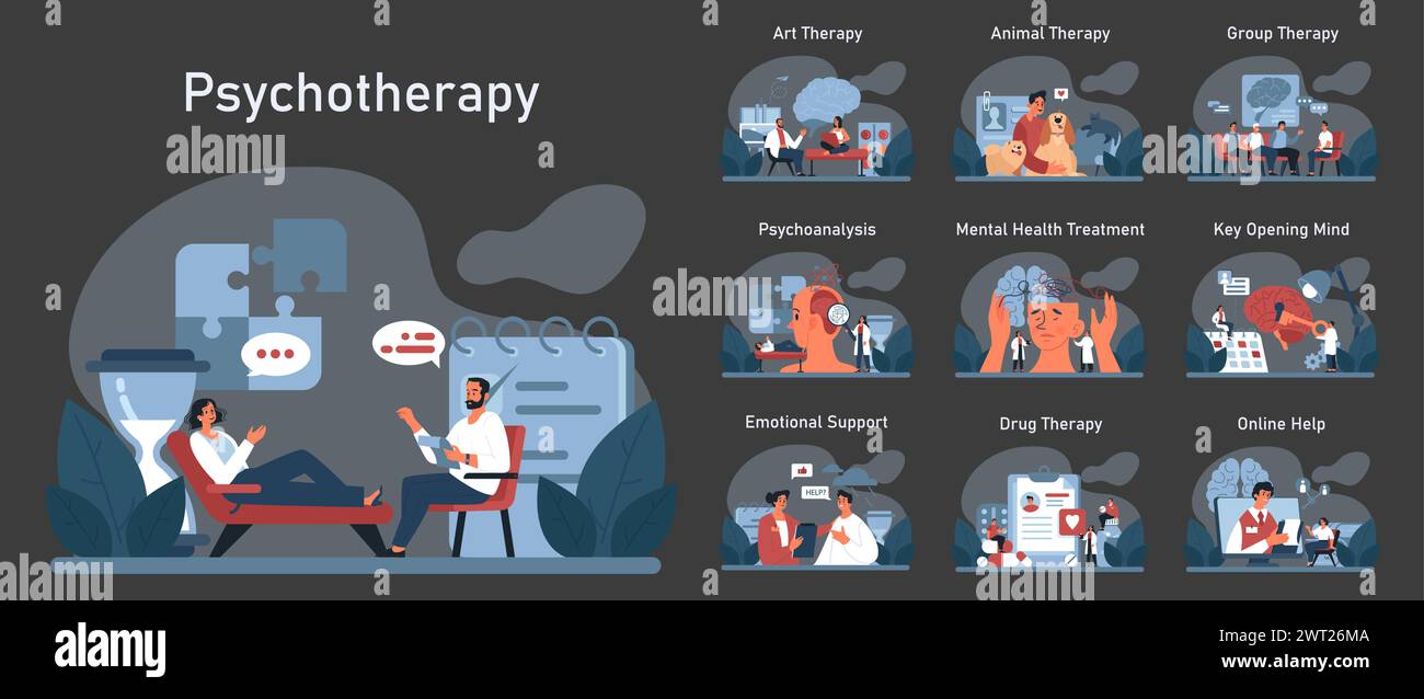Psychotherapy dark or night mode set. Psychiatrist consulting a patient ...