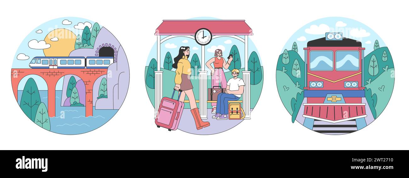 Train trip set. Characters traveling by train. Passengers with luggage ...