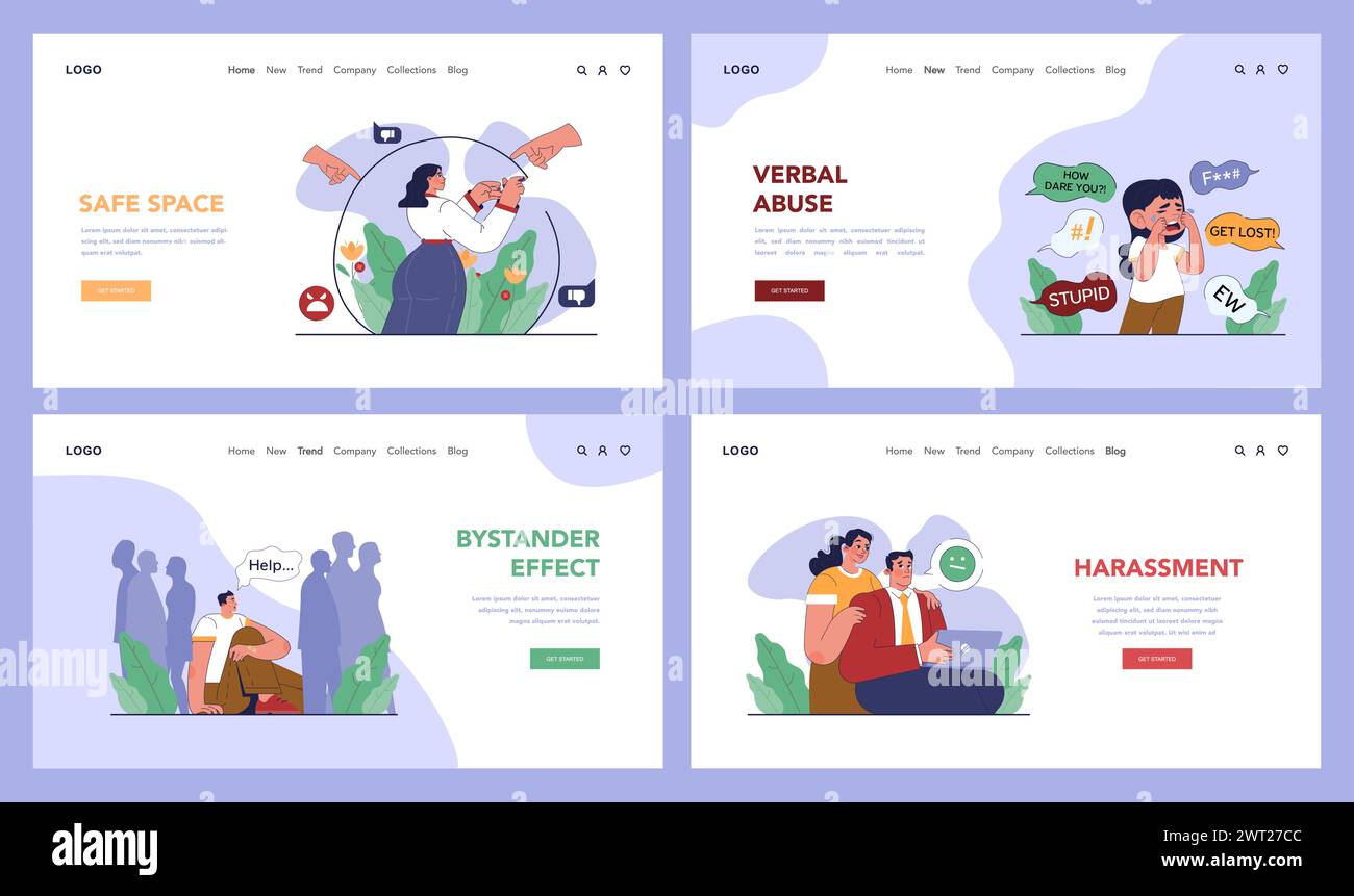 Bullying web banner or landing page set. Upset victim being shamed by ...