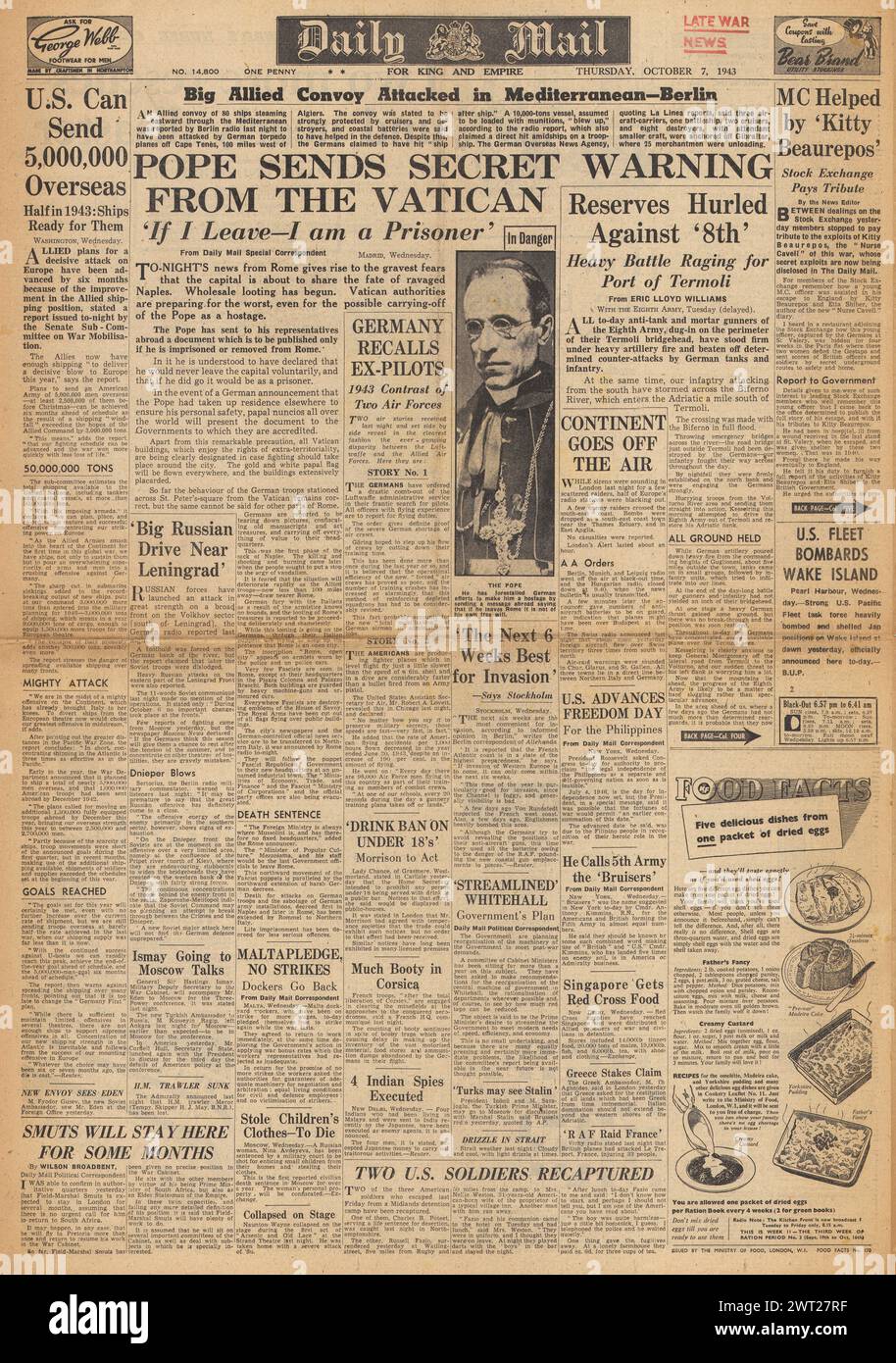 1943 Daily Mail front page reporting Pope sends warning from Vatican ...